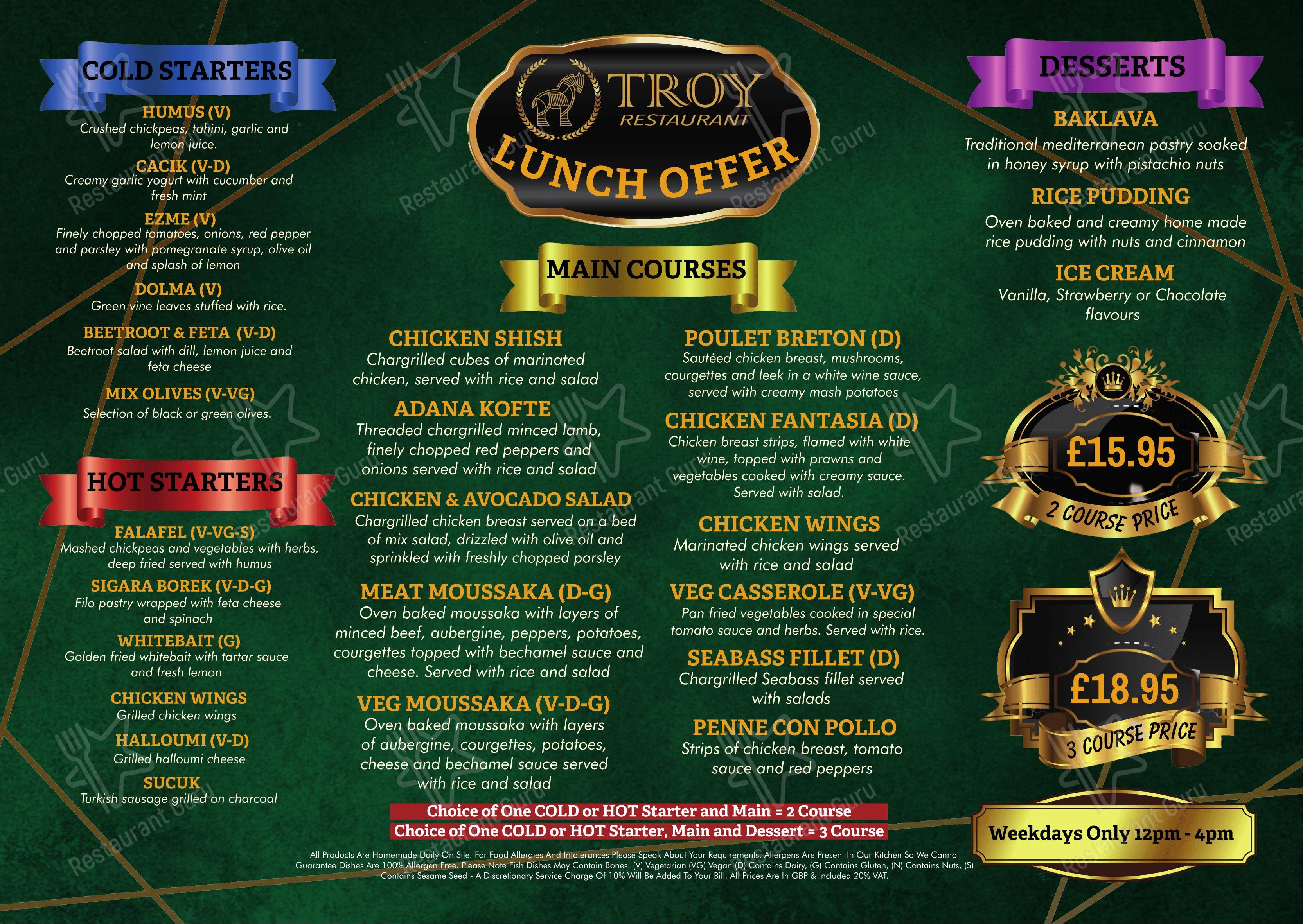 Menu at Troy Restaurant, Orpington