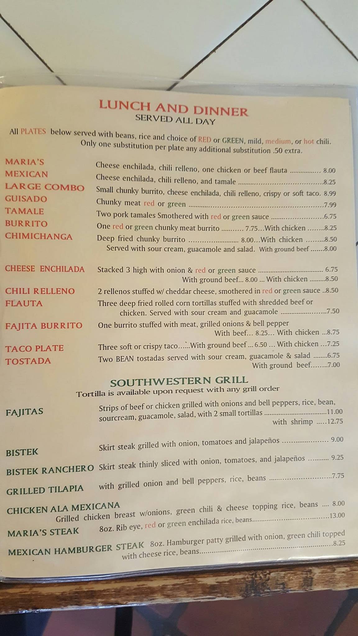 Menu at Marias restaurant, Truth or Consequences