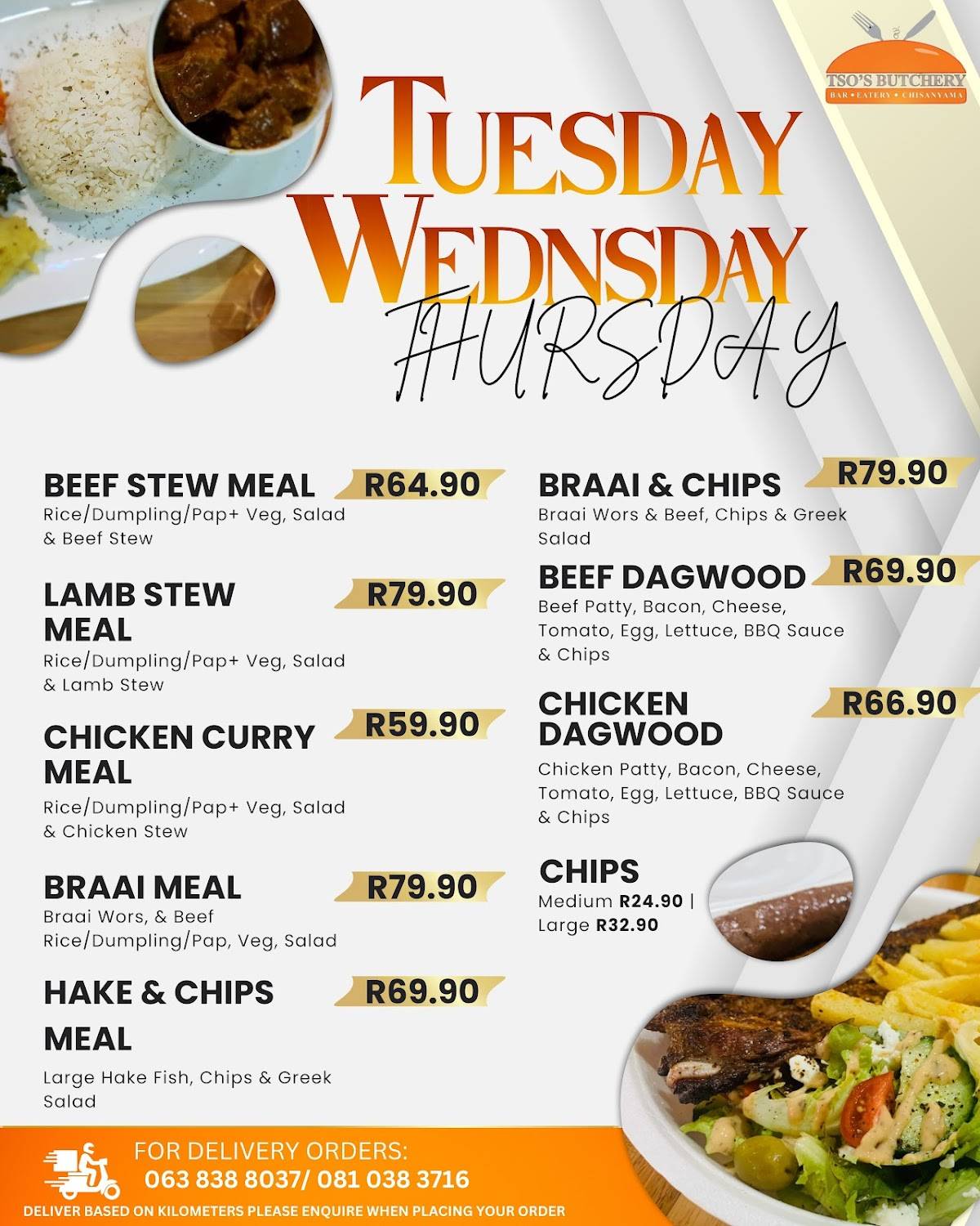 Menu at Tso's Butchery restaurant, Krugersdorp