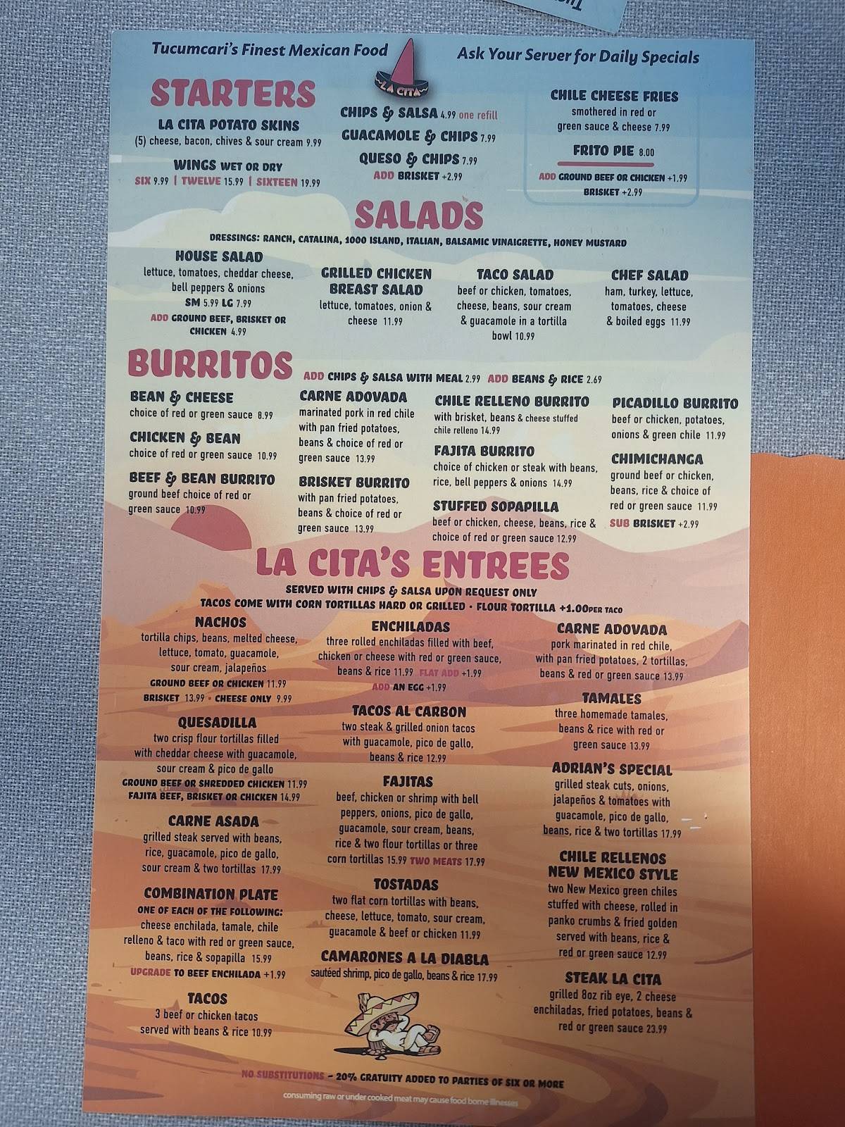 Menu at La Cita Restaurant, Tucumcari