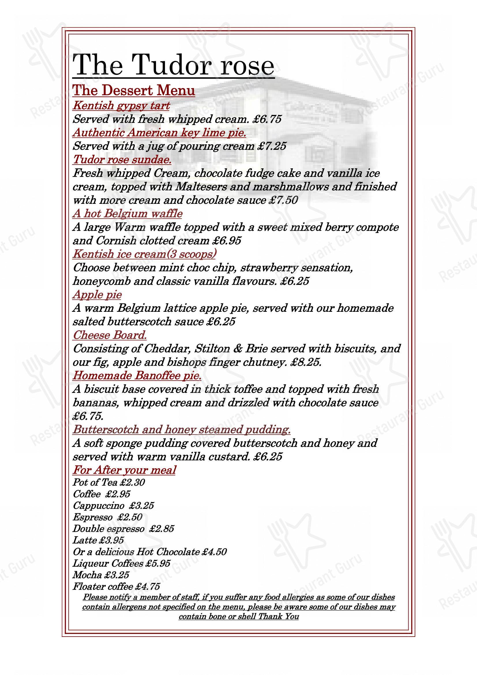 Menu at Tudor Rose pub & bar, Sittingbourne