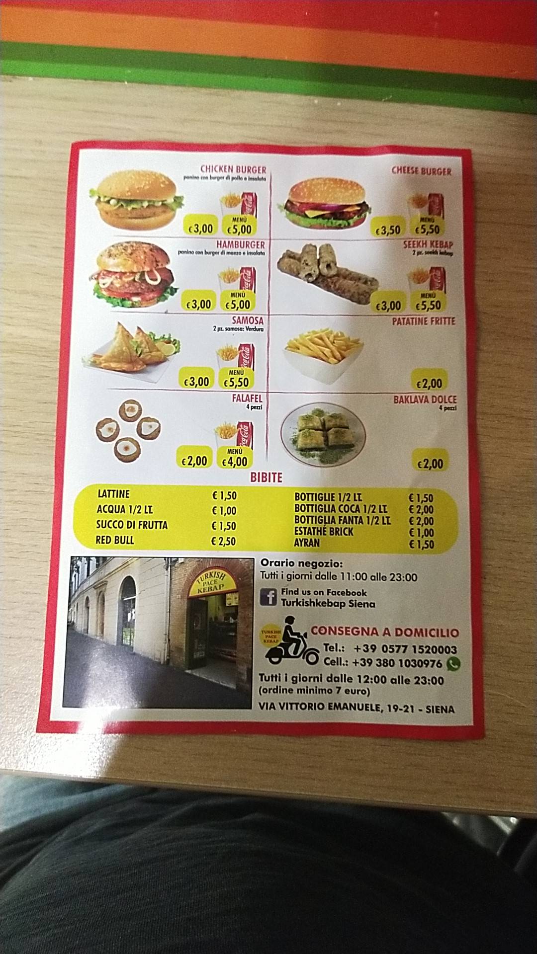 Menu at Turkish Pace Kebap restaurant, Siena