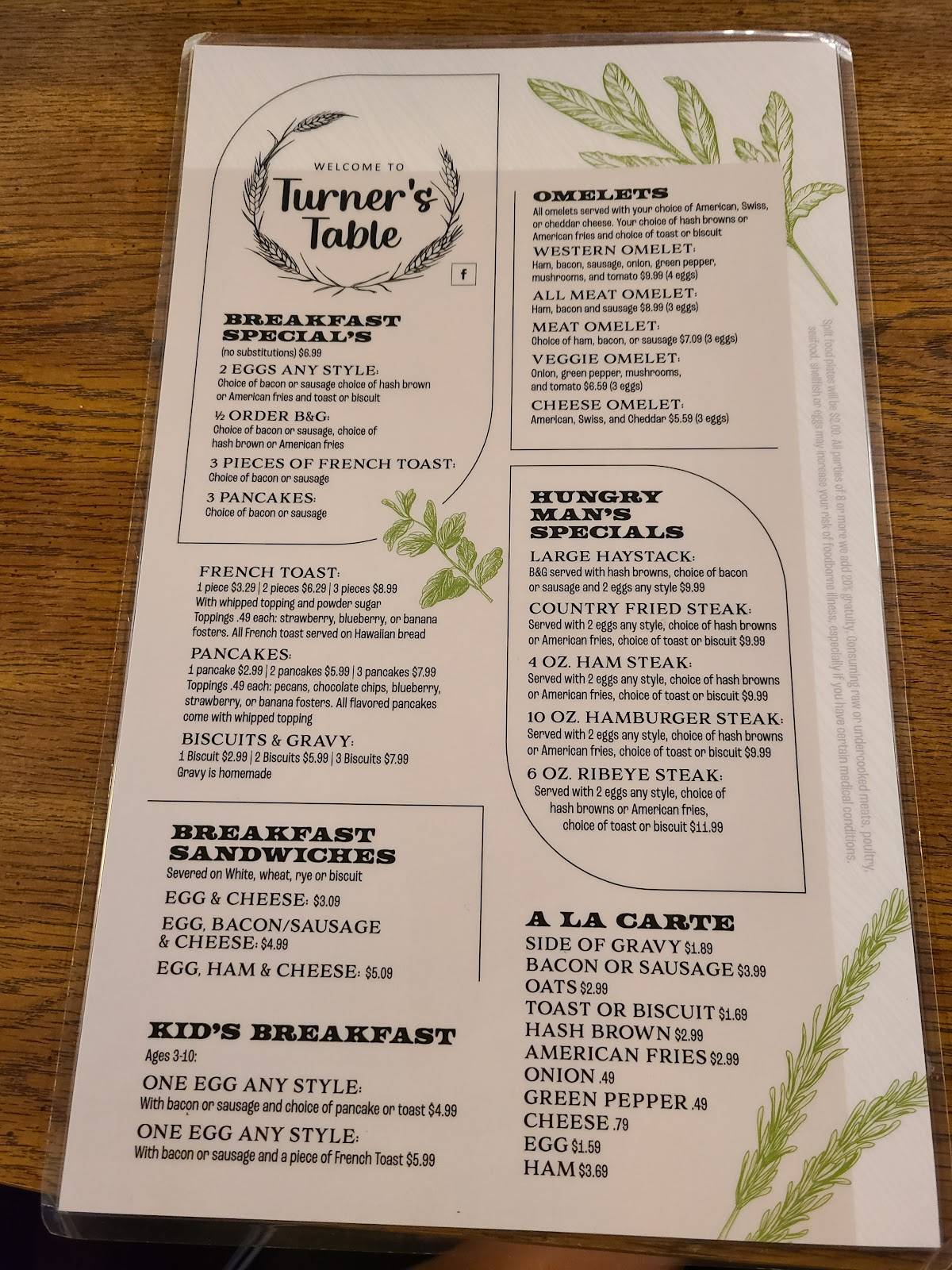 Menu at Turners Table restaurant, Carterville