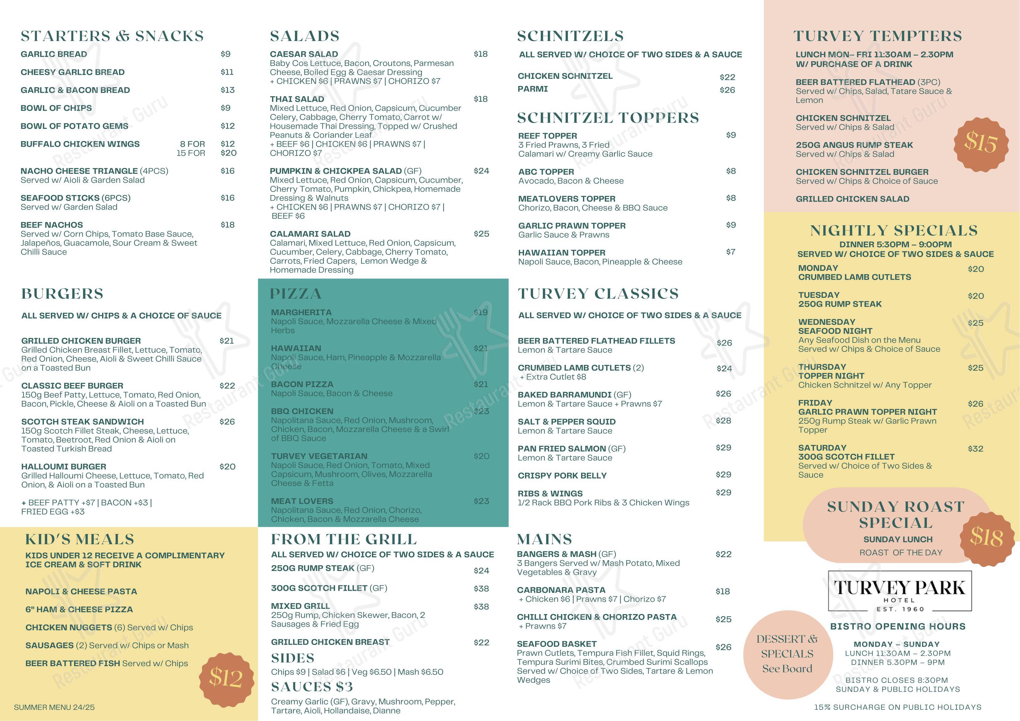 Menu at Turvey Park Hotel restaurant, Mount Austin, 71 Bolger Ave