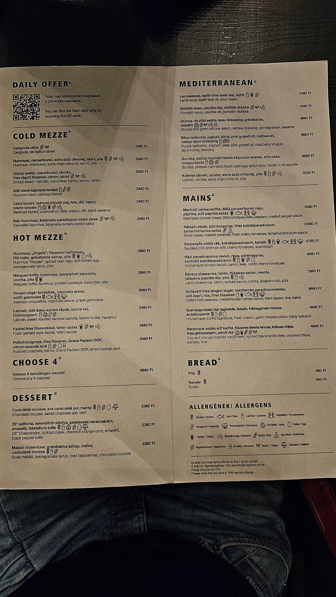 Menu at Twentysix Budapest restaurant, Budapest