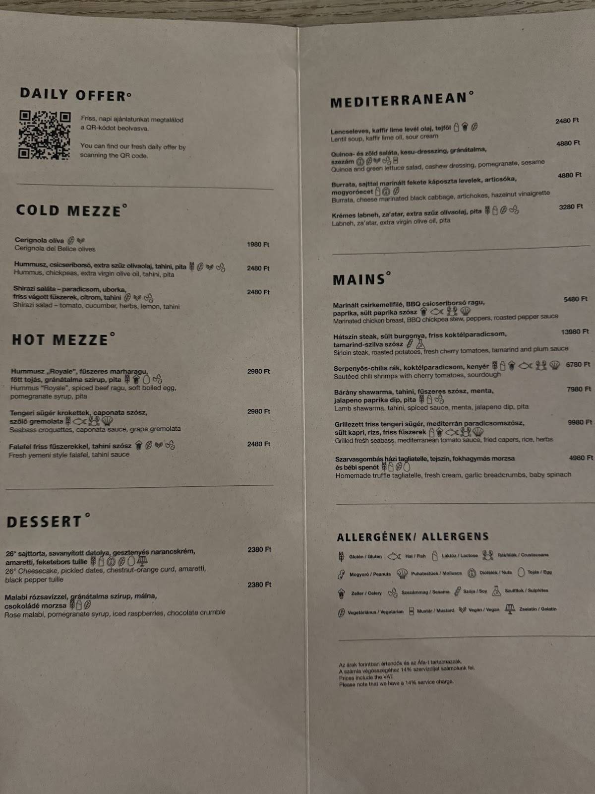 Menu at Twentysix Budapest restaurant, Budapest