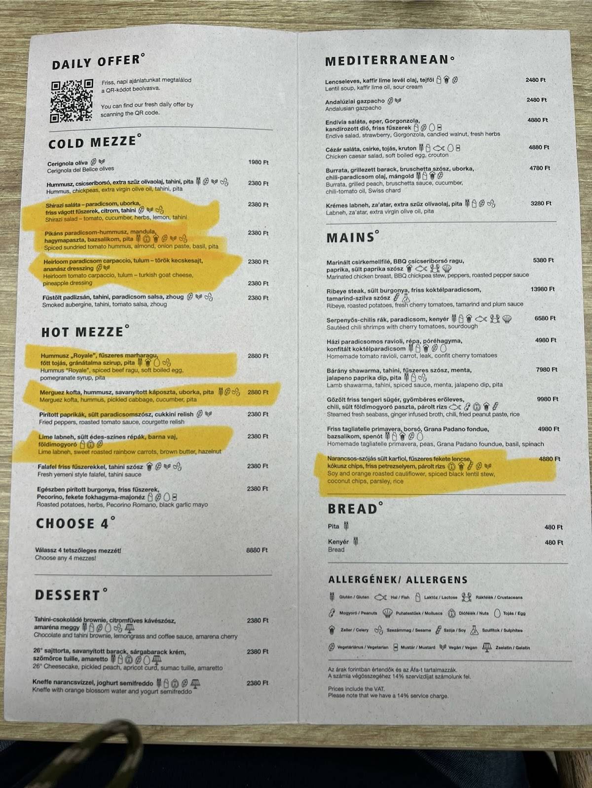Menu at Twentysix Budapest restaurant, Budapest