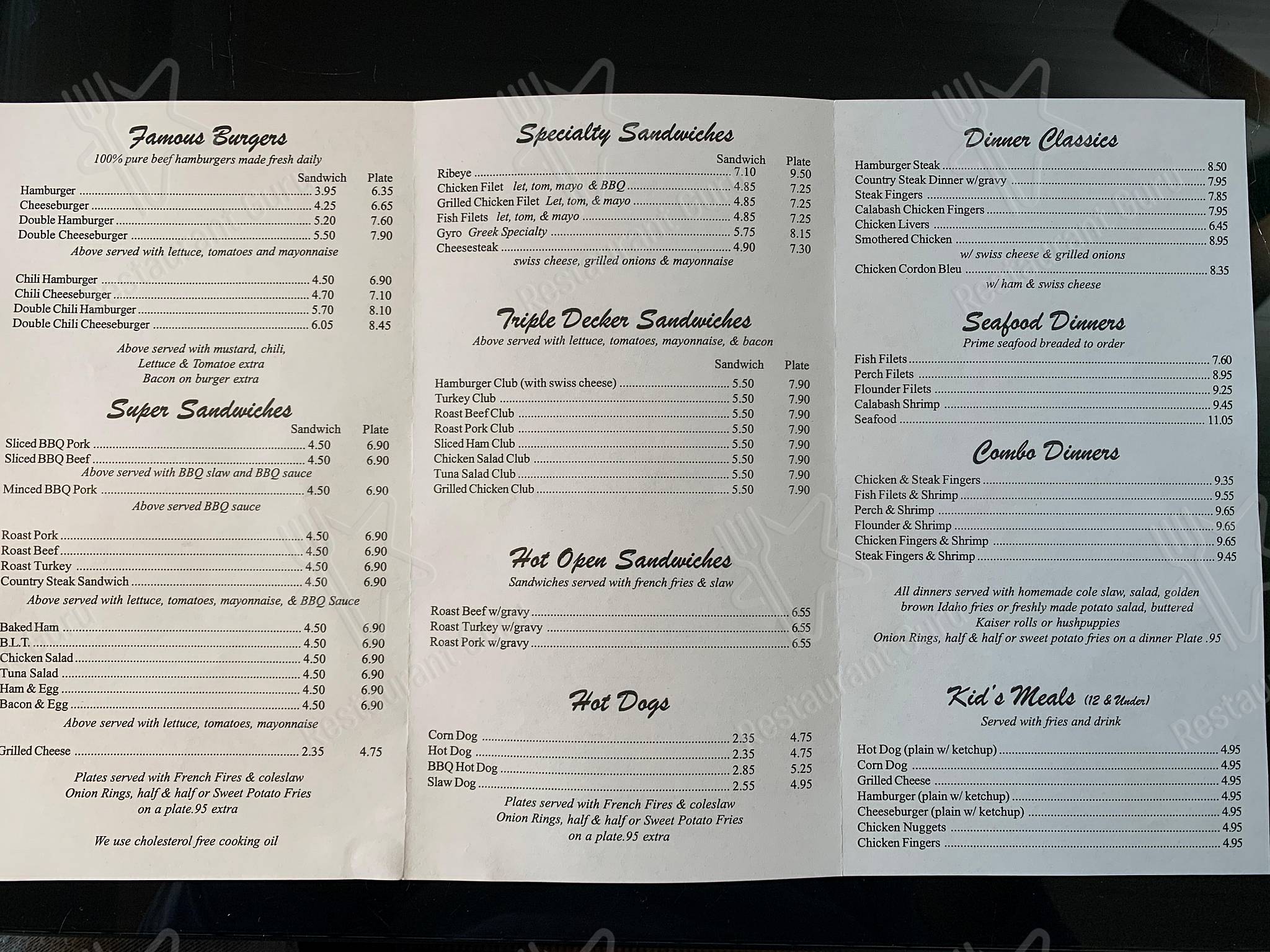 Menu at Twin Palmetto Fine Food restaurant, Laurens