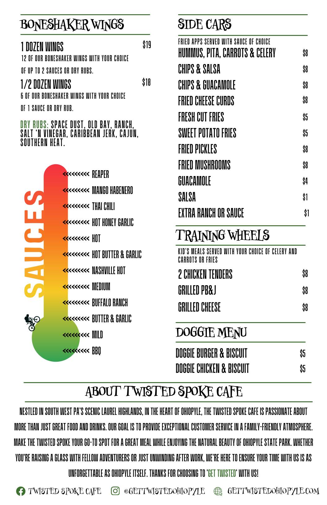 Menu at Twisted Spoke Cafe, Ohiopyle