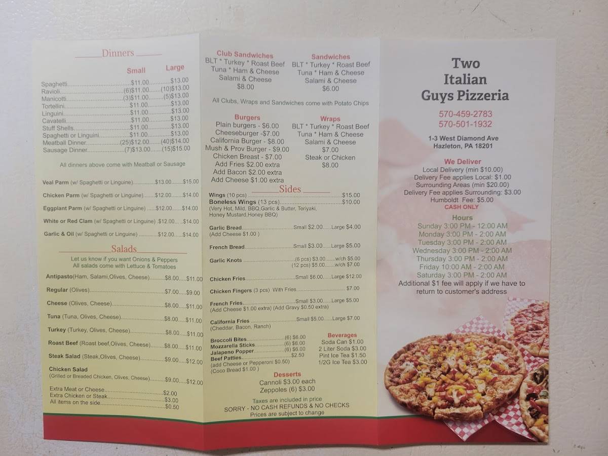 Menu at Two Italian Guys pizzeria, Hazleton, 3 W Diamond Ave