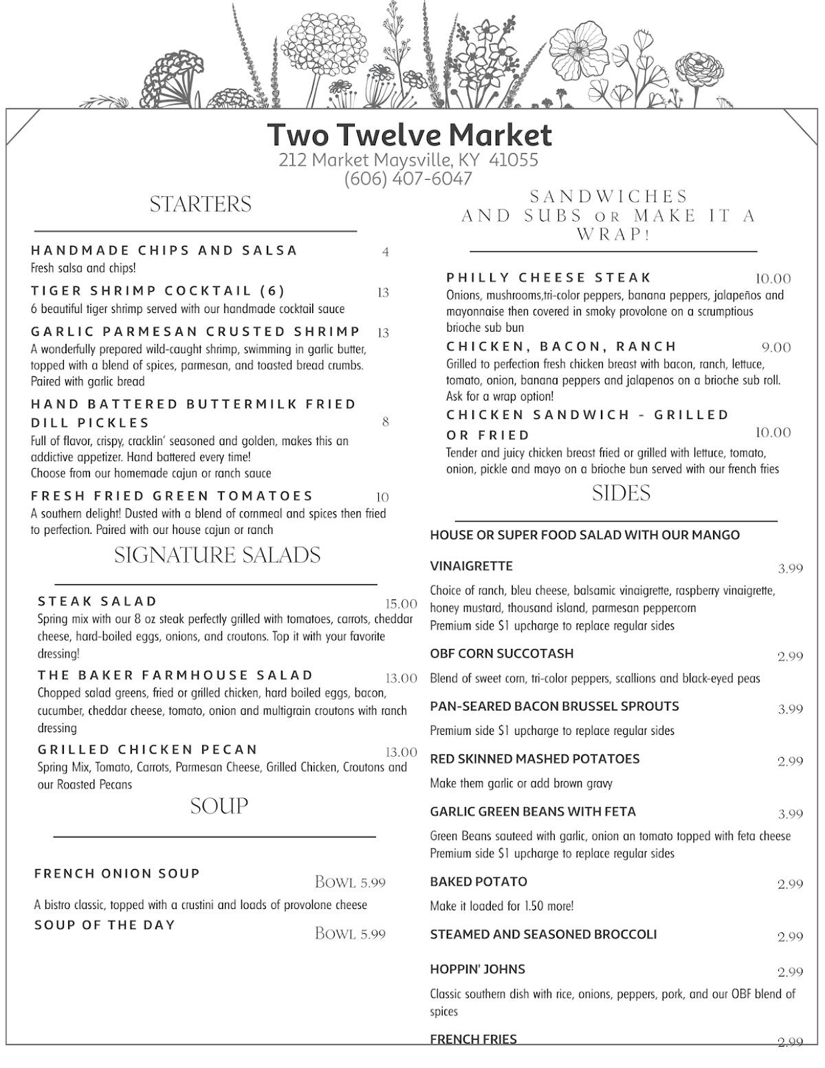 Menu at Two Twelve at the Club, Maysville