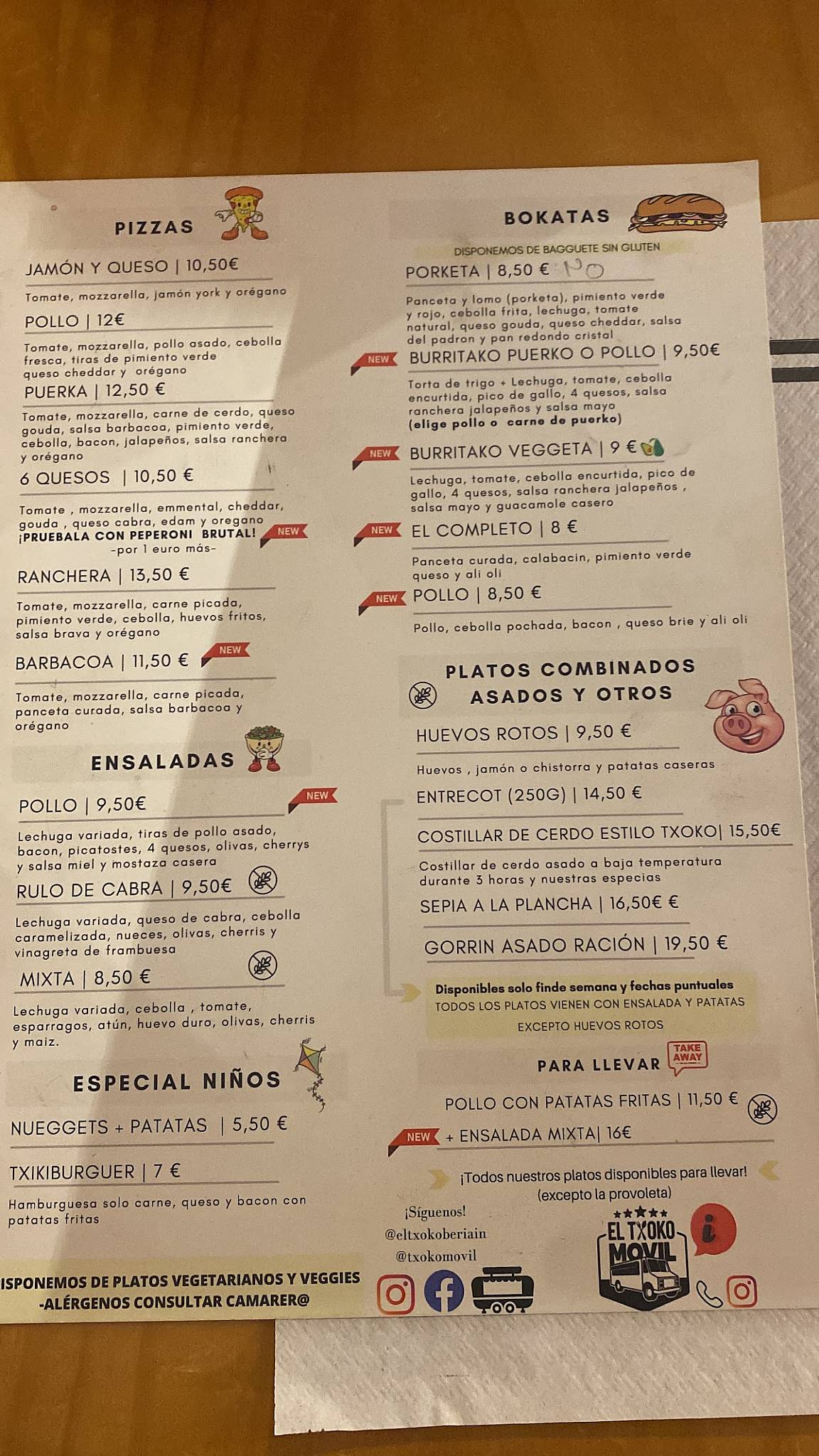 Carta del restaurante Txoko Beriain, Beriáin