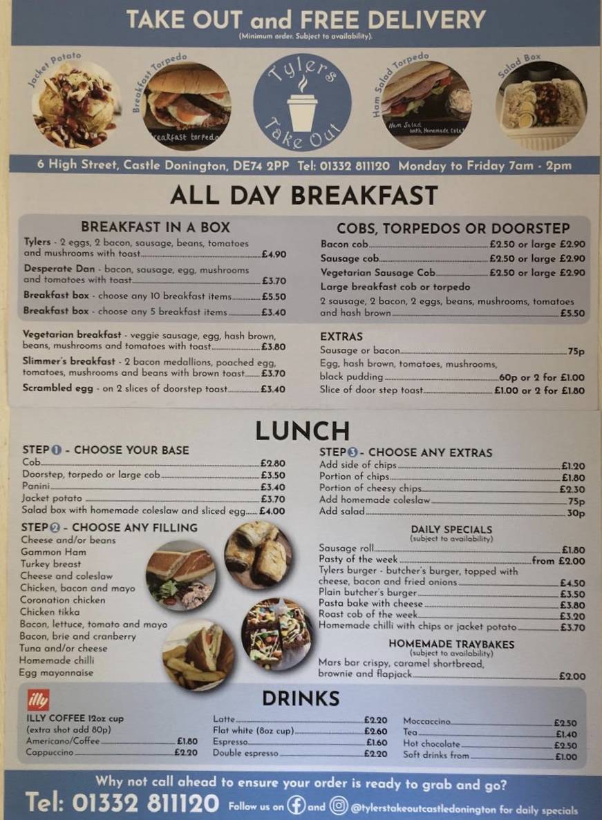 Menu at Tyler's Takeout restaurant, Derby