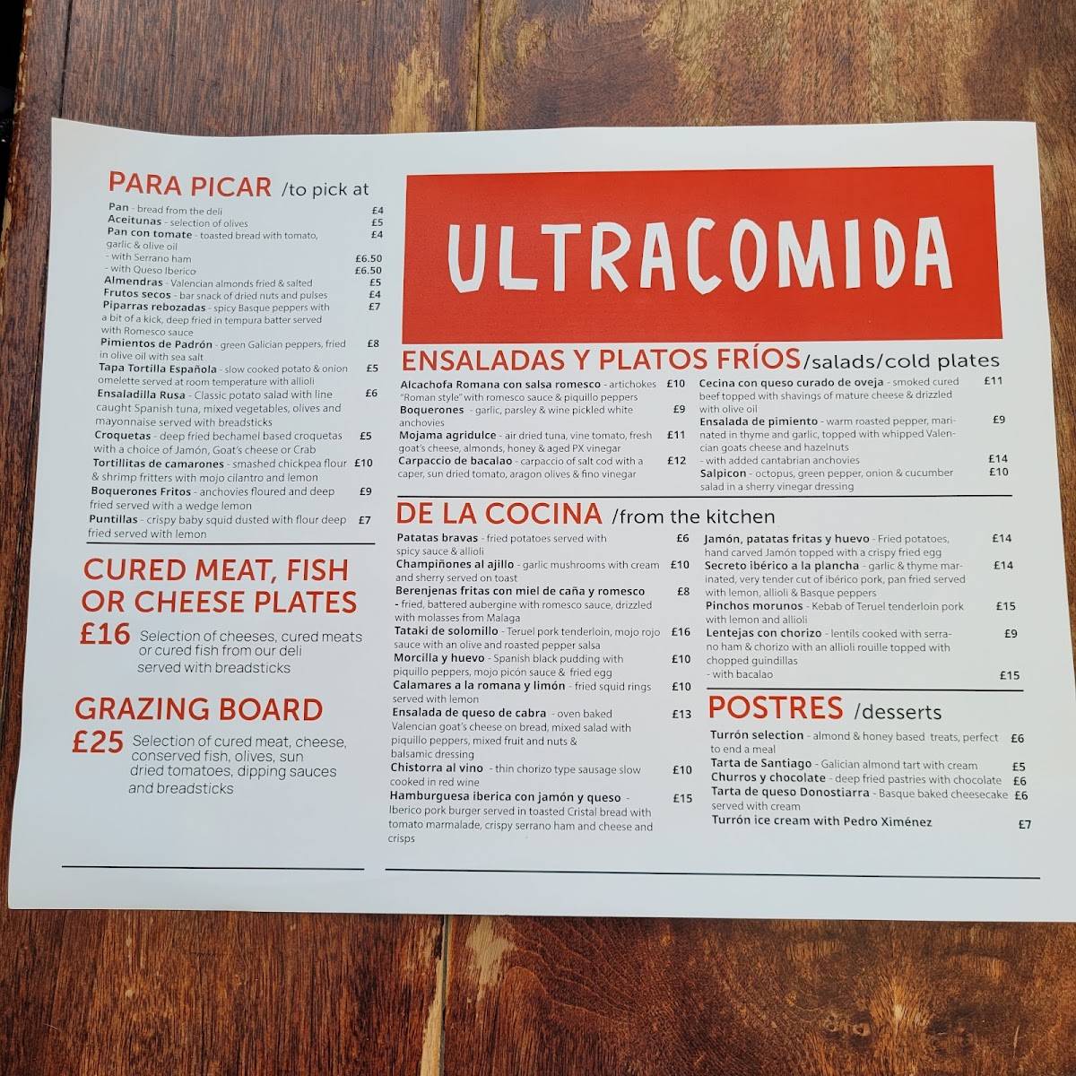 Menu at Ultracomida restaurant, Narberth