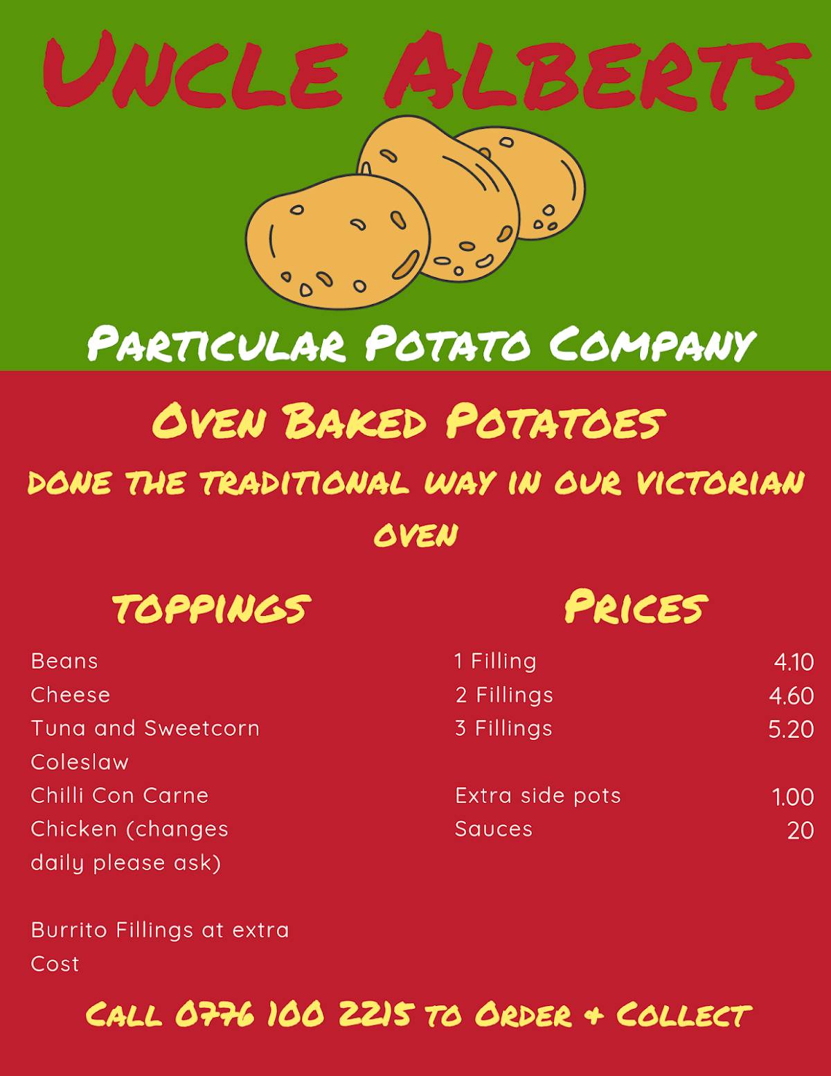 Menu at Uncle Alberts Particular Potato restaurant, Rochdale, Opposite