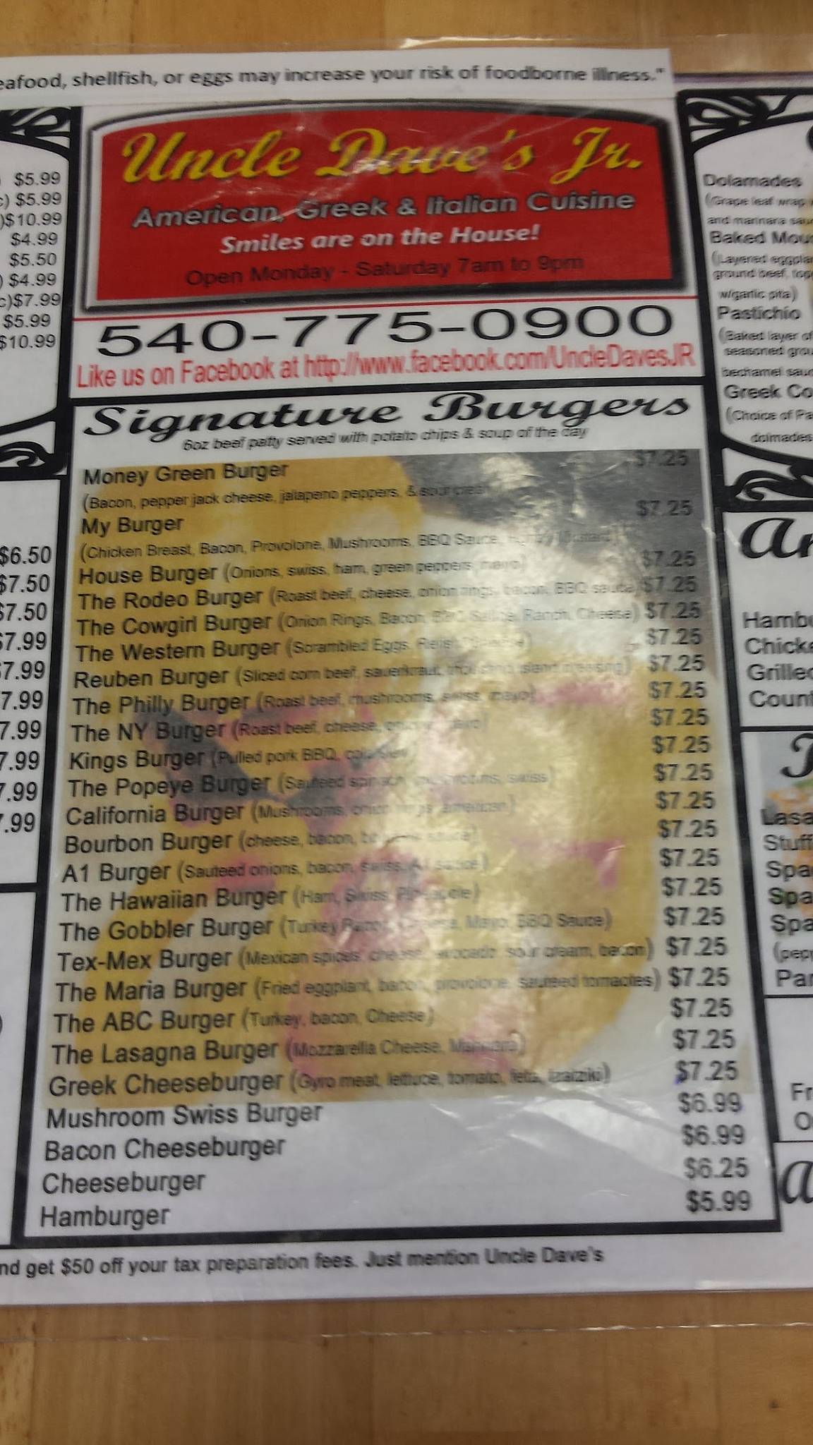Menu at Uncle Dave's Jr. restaurant, King George, Kings Hwy