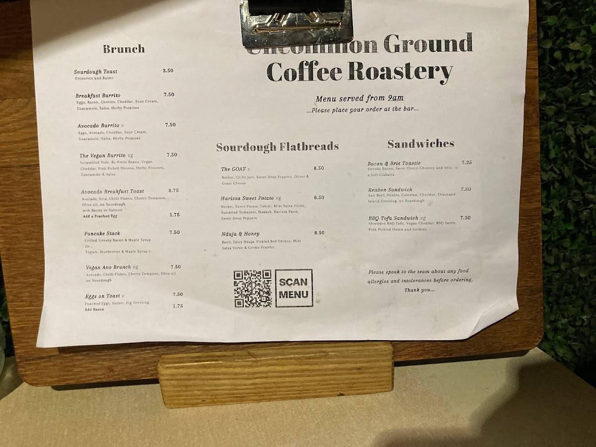 Menu at Uncommon Ground Coffee Roastery cafe, Cardiff, 10-12 Royal Arcade