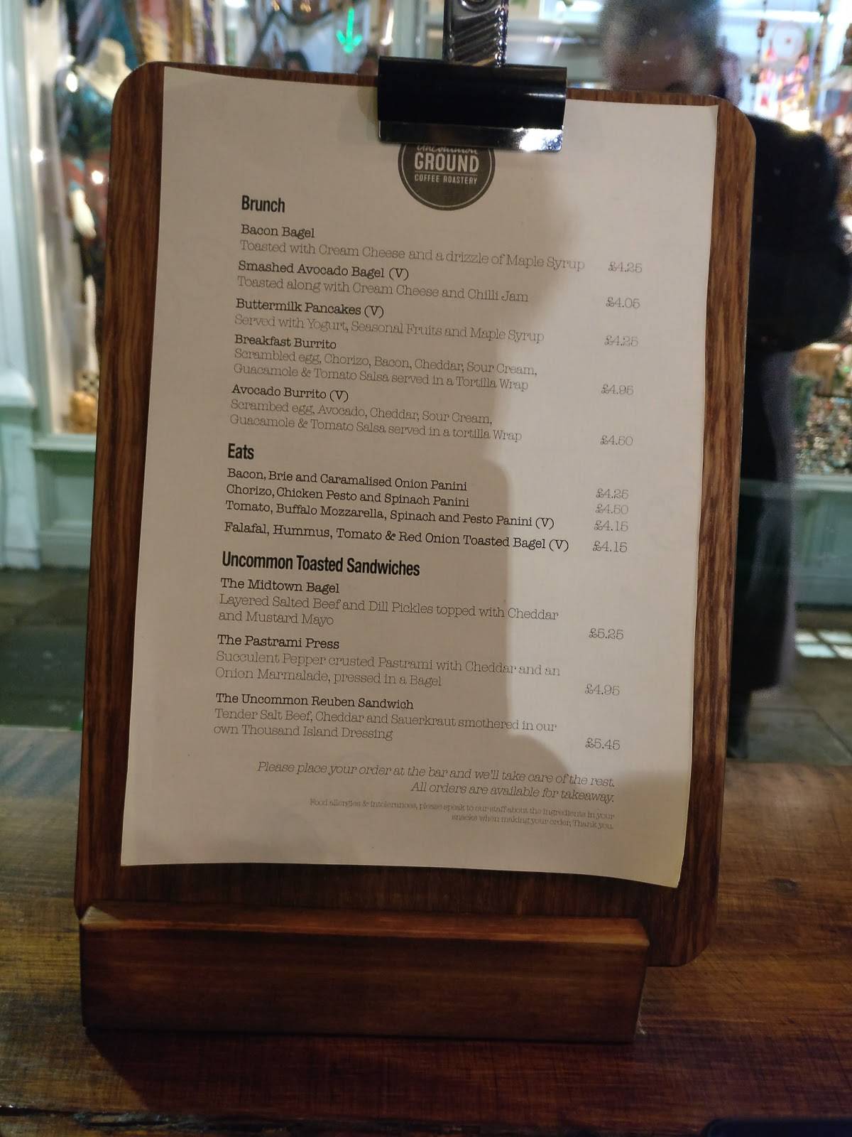 Menu at Uncommon Ground Coffee Roastery cafe, Cardiff, 10-12 Royal Arcade