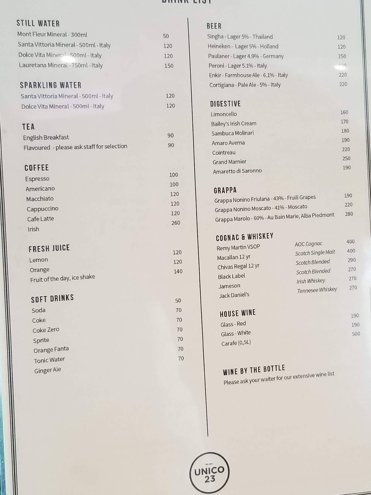 Menu at Unico 23 Italian Dining restaurant, Bangkok
