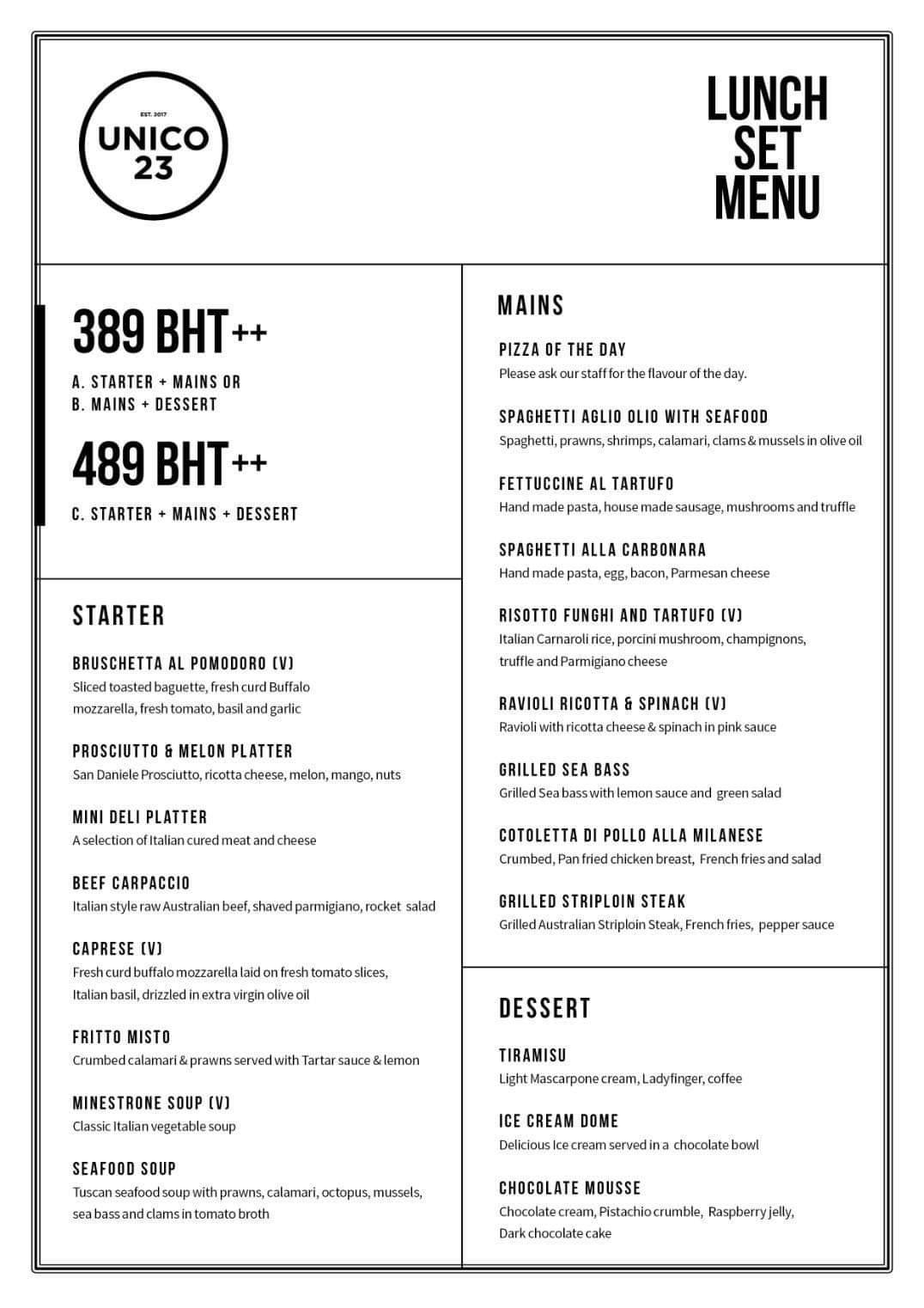Menu at Unico 23 Italian Dining restaurant, Bangkok