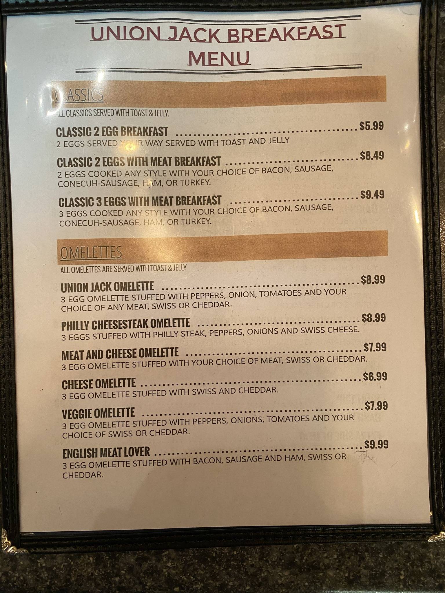 Menu at Union Jack Cafe, Rainbow City