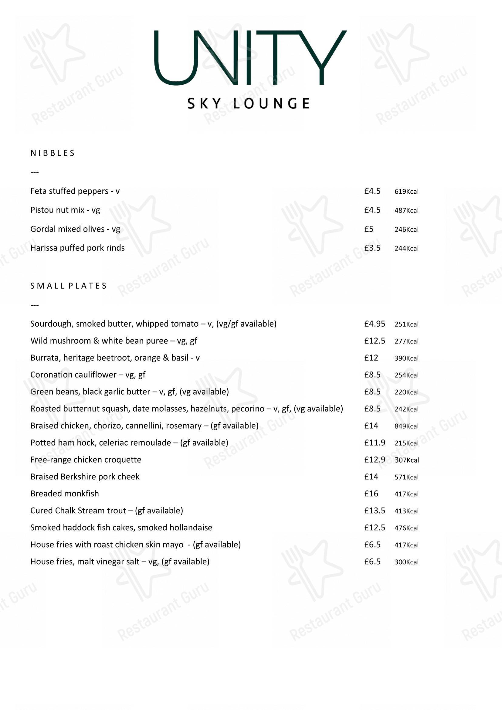 Menu at Unity Place restaurant, Milton Keynes