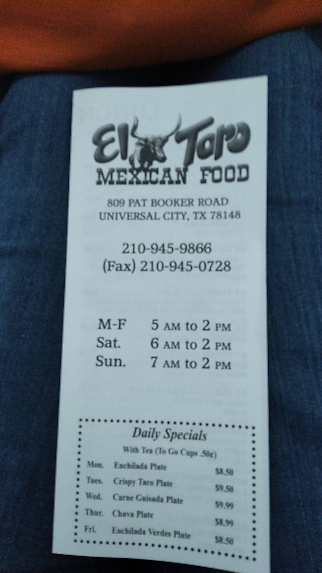 Menu at El Toro Mexican Food restaurant, Universal City