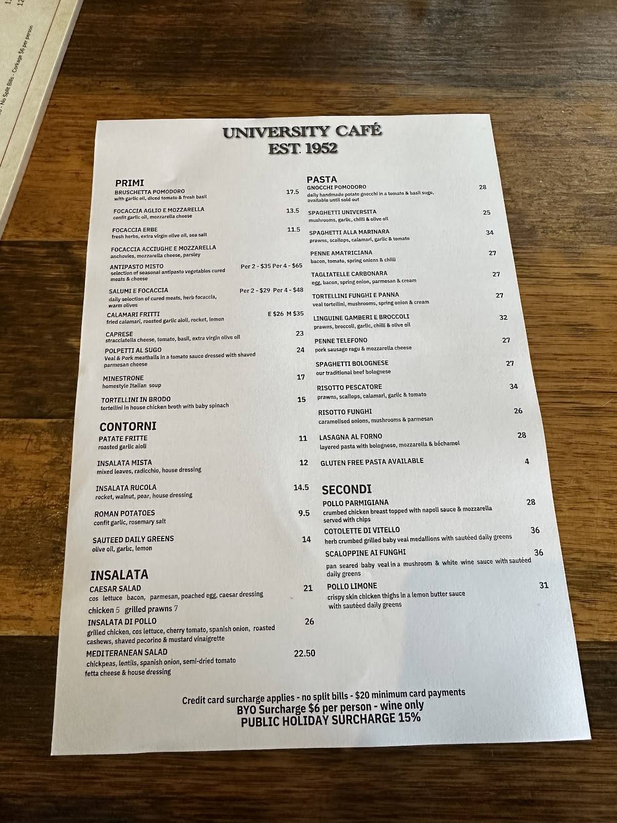 Menu at University Cafe, Carlton