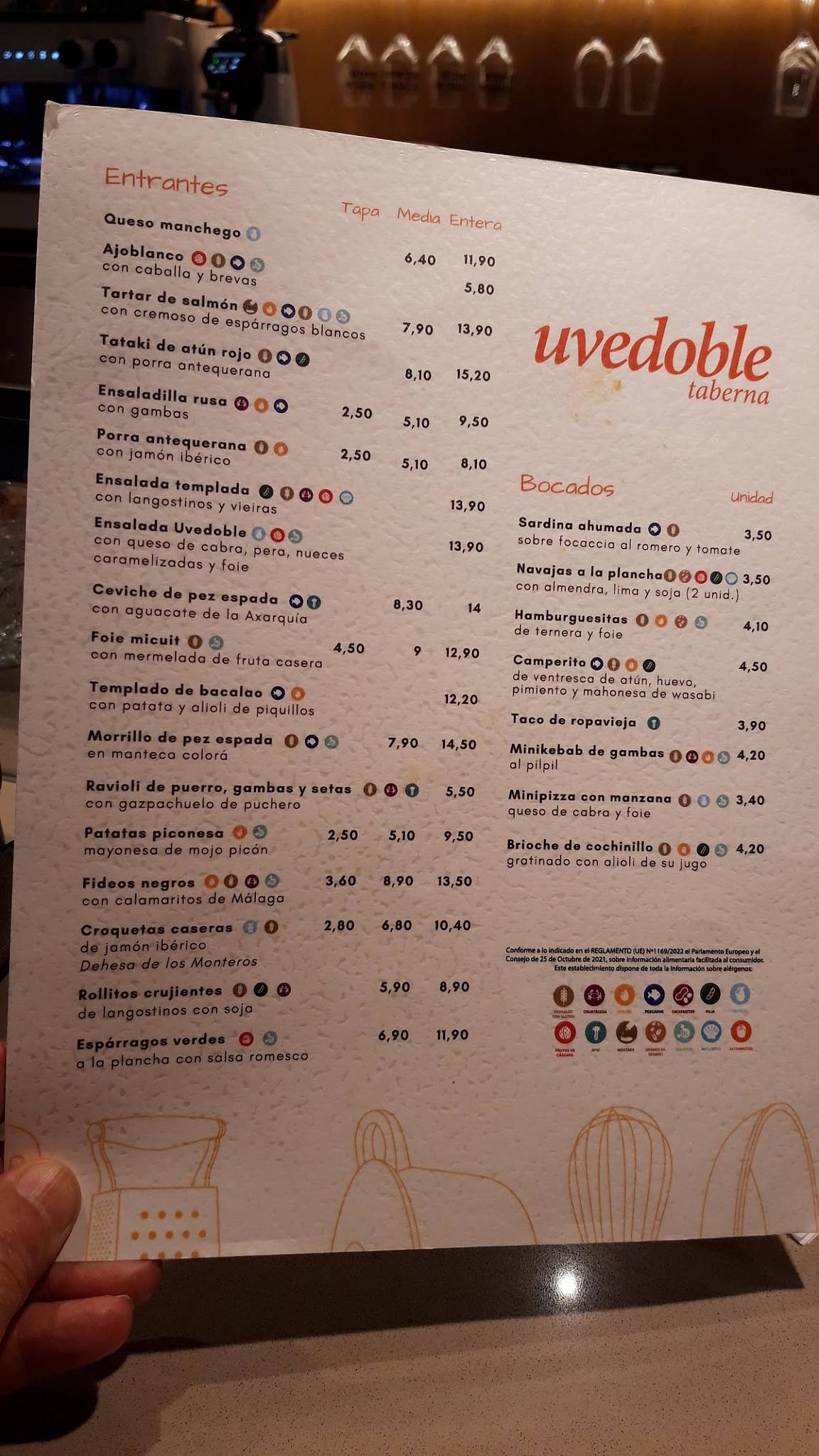 Carta del restaurante Uvedoble Taberna, Málaga
