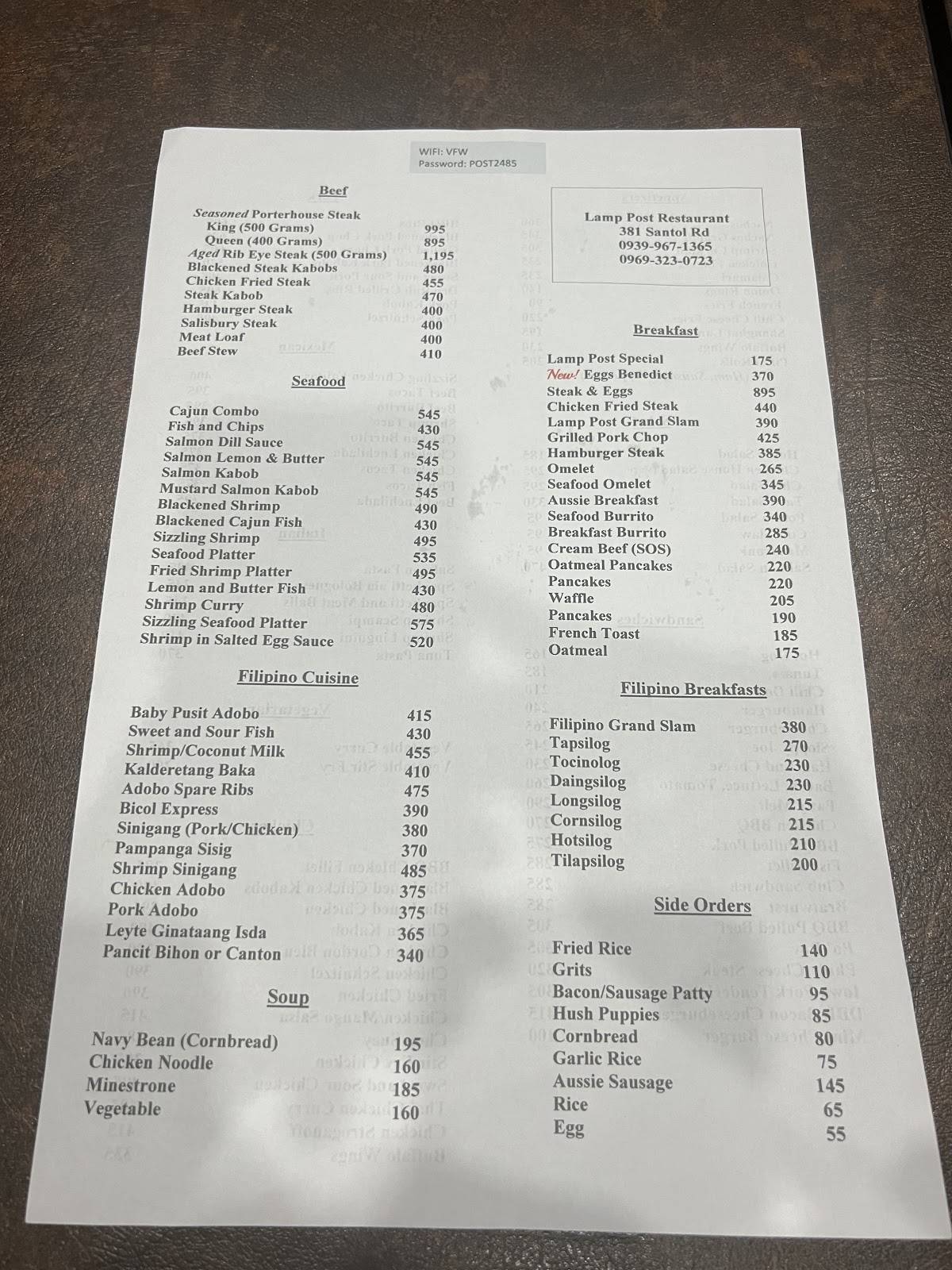 Menu at VFW restaurant, Angeles