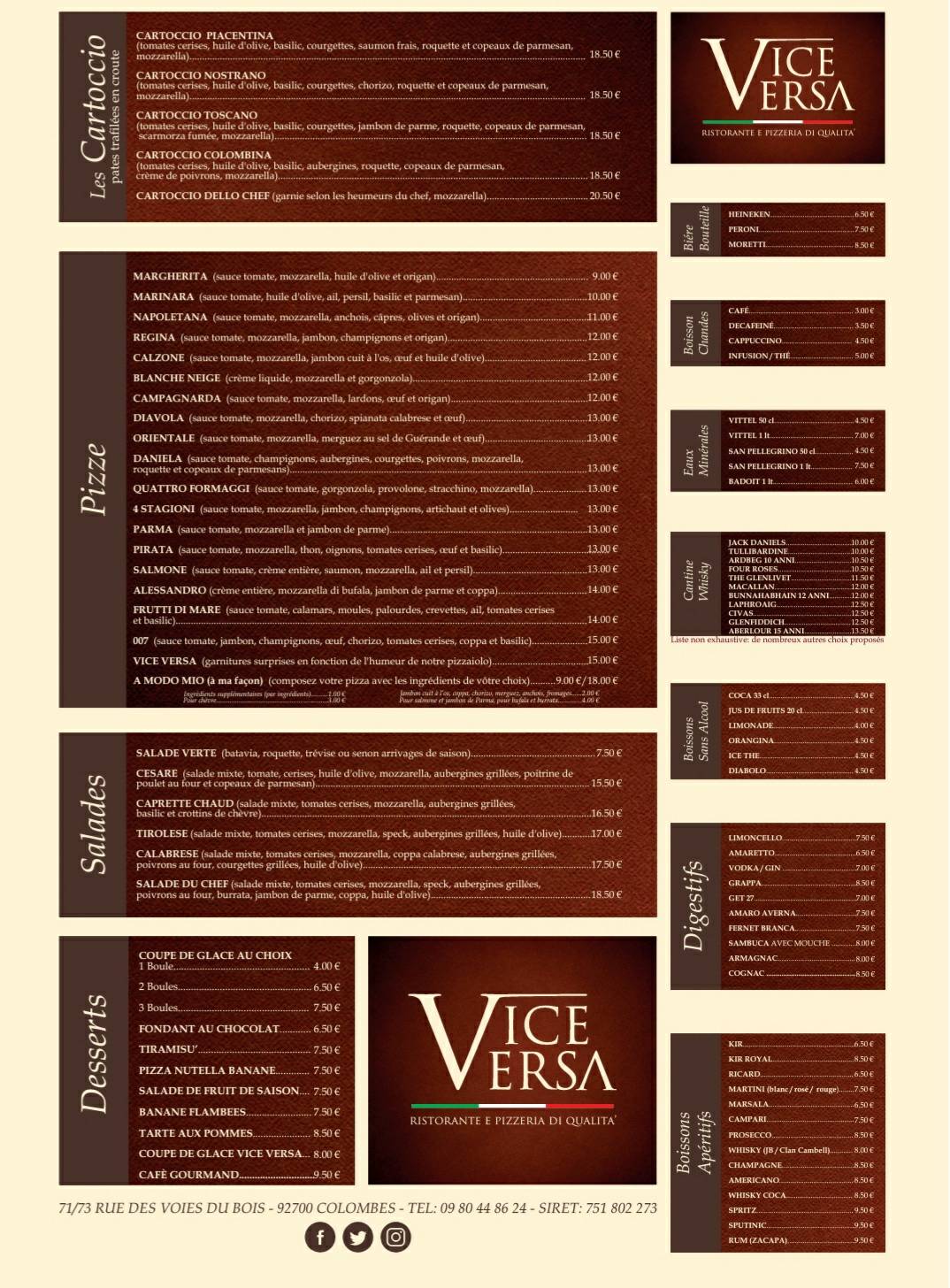 Menu au Vice Versa · Restaurant italien, di qualità, Colombes