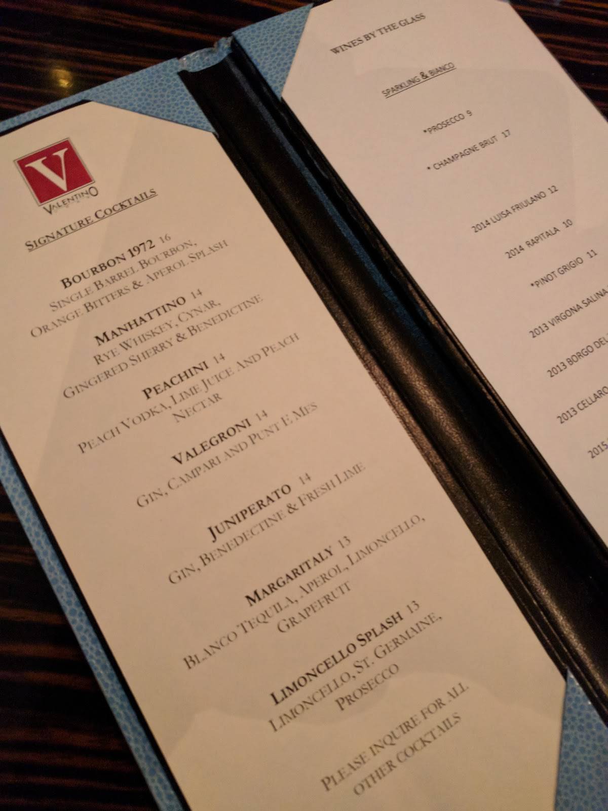Menu at Valentino restaurant, Santa Monica