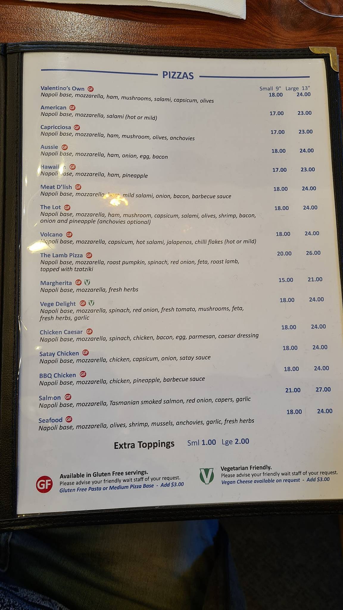 Menu at Valentino's Family Restaurant, Devonport