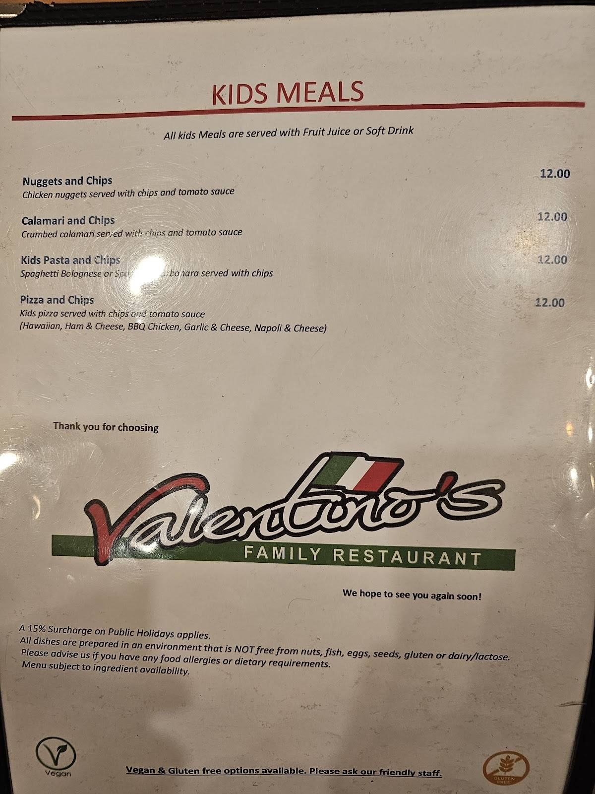Menu at Valentino's Family Restaurant, Devonport