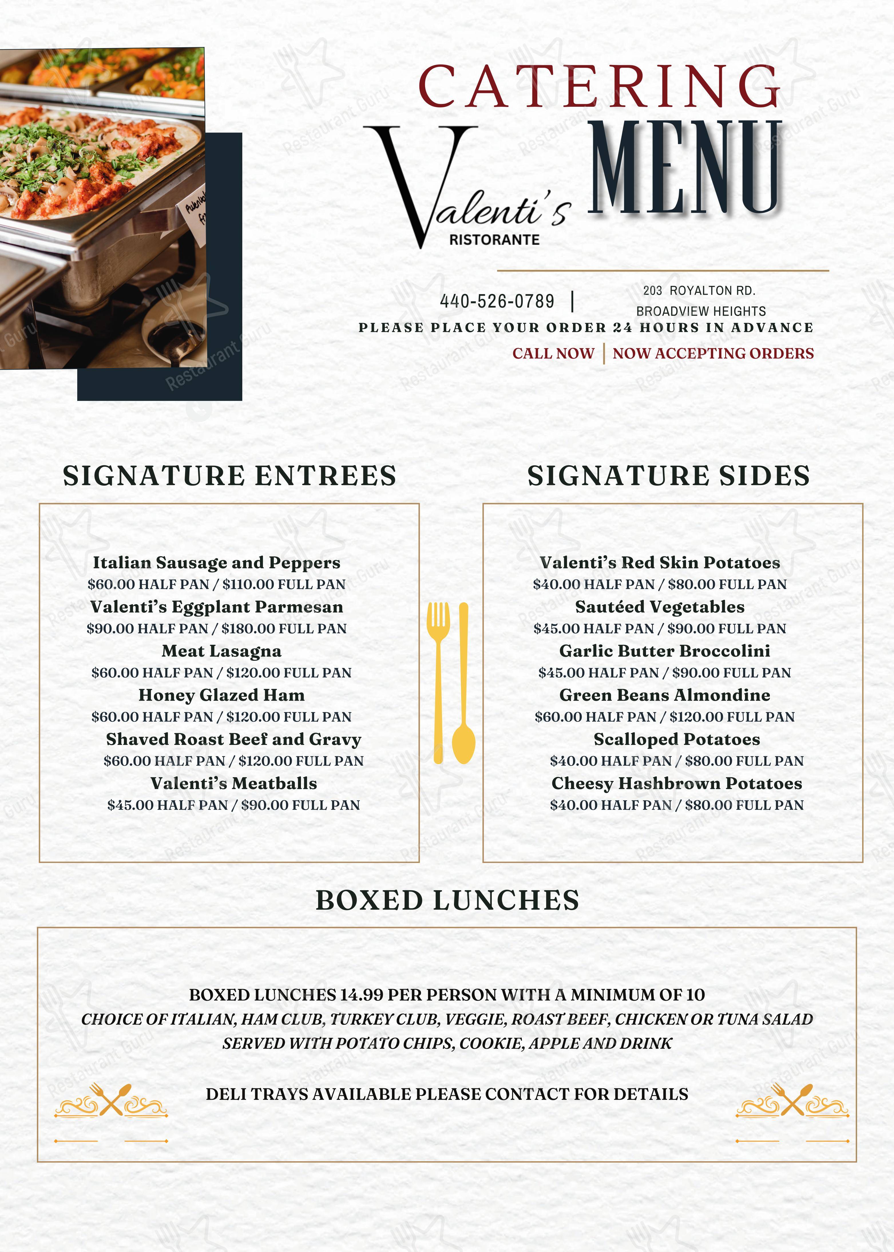 Menu at Valenti’s Ristorante restaurant, Broadview Heights