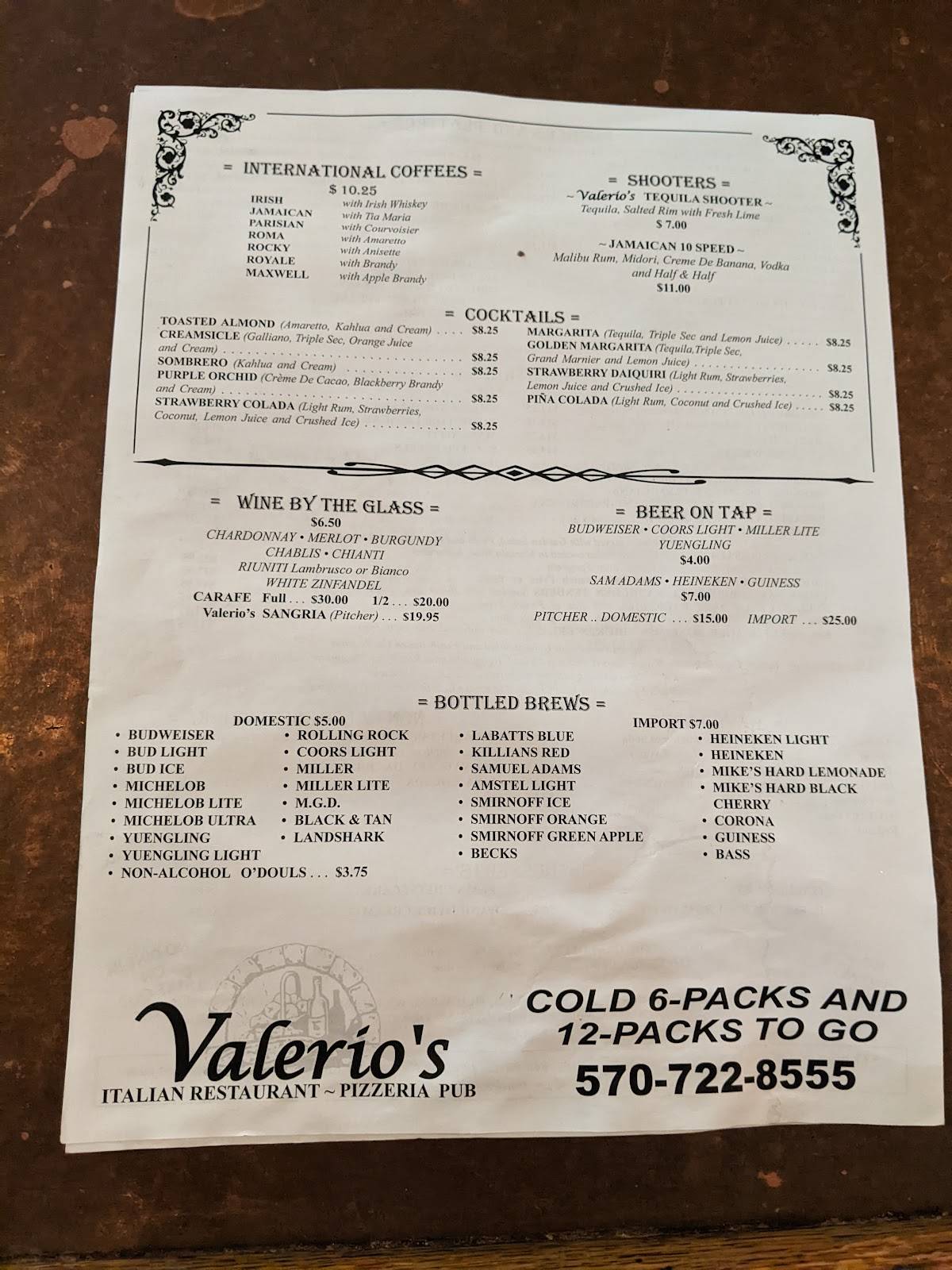 Menu at Valerio's restaurant, Albrightsville, Route 903