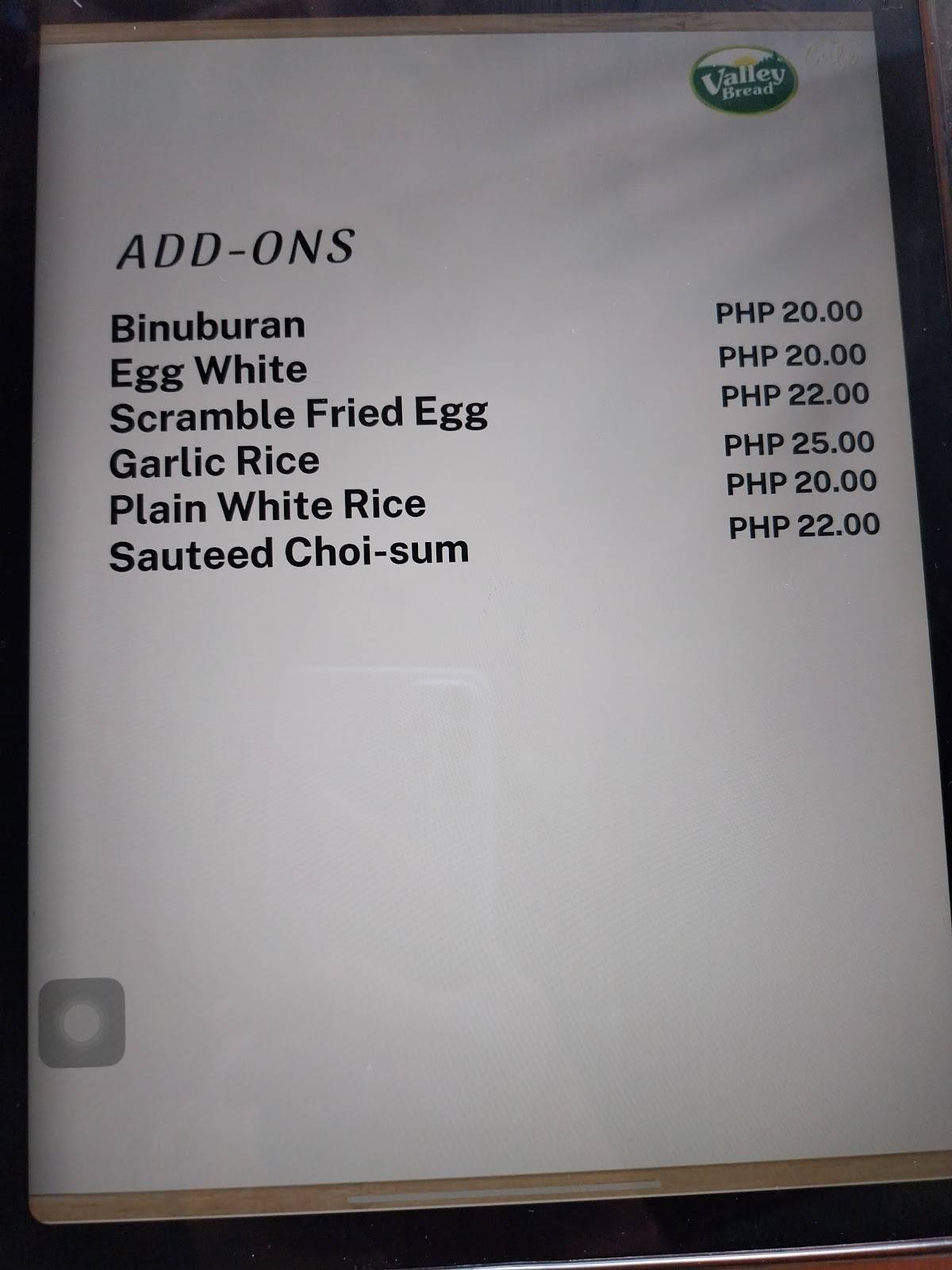 Menu at Valley Bread Cafe, Baguio