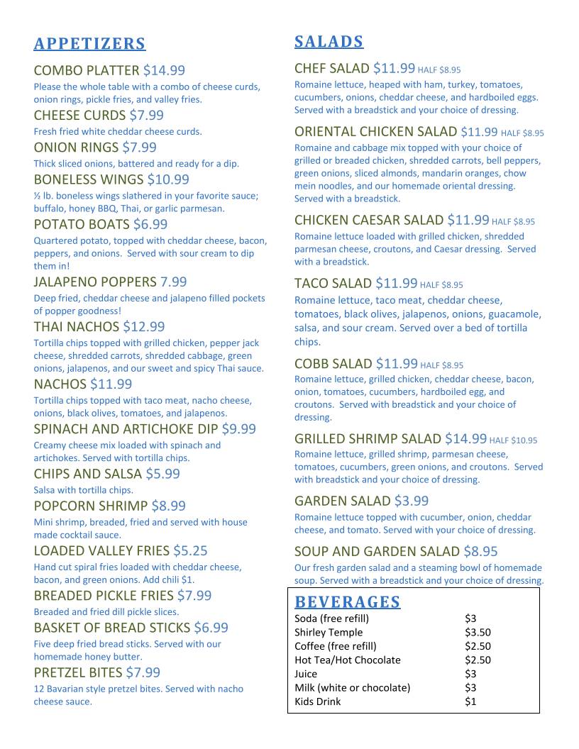 Menu at Valley Restaurant and Catering, Volga