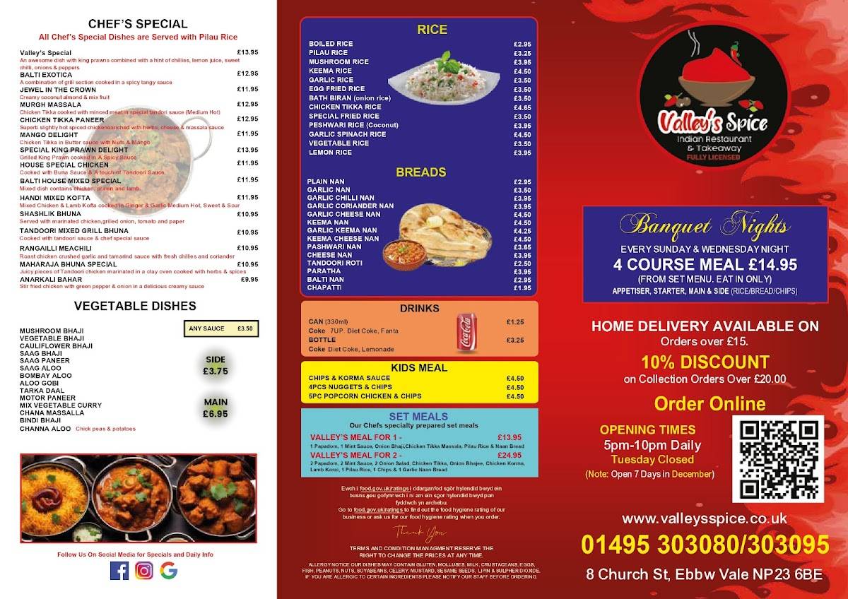 Menu at Valley's Spice Indian Restaurant & Takeaway, Ebbw Vale