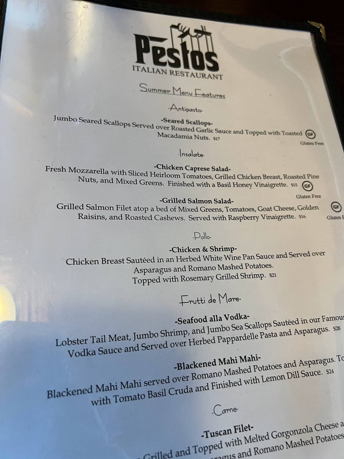 Menu at Pesto's Italian Restaurant, Valparaiso