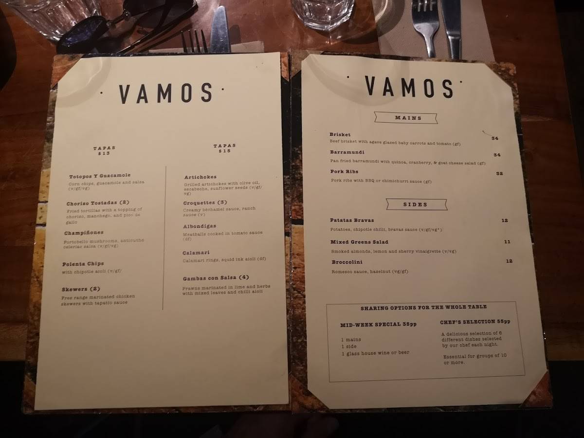 Menu at Vamos restaurant, Fitzroy, 366 Brunswick St