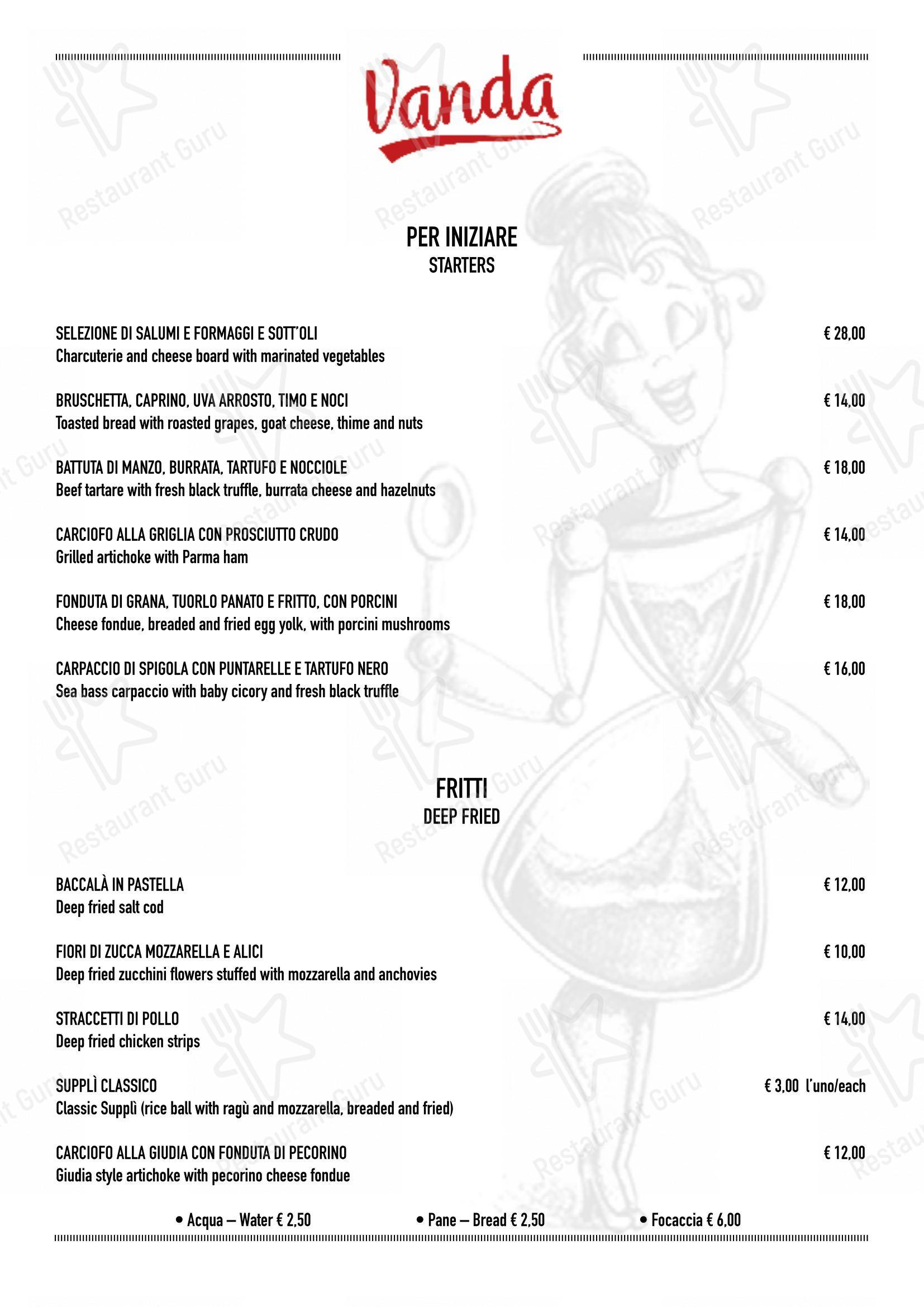 Menu da Vanda ristorante, Roma