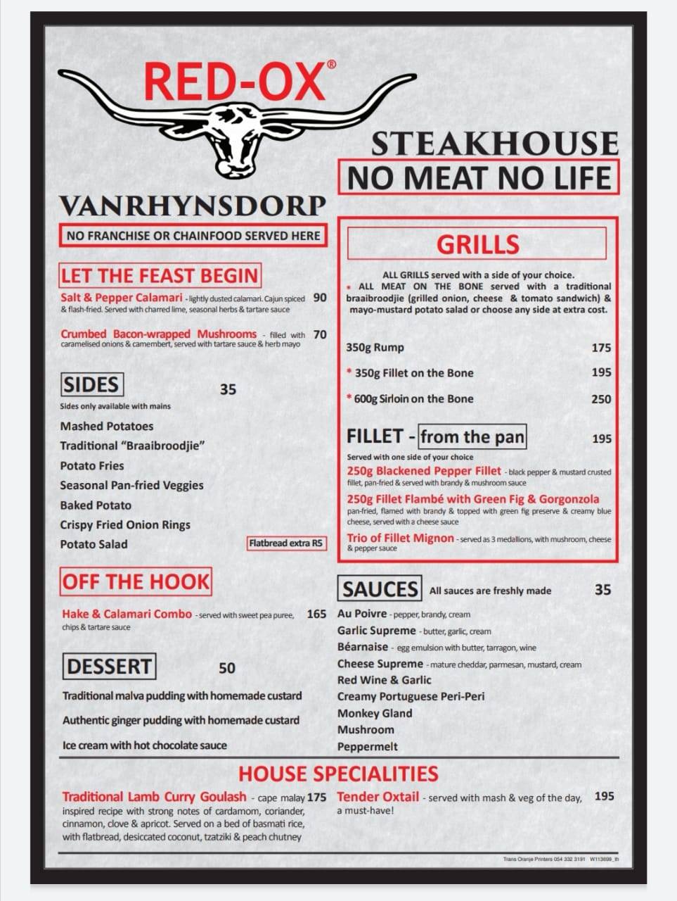 Menu at Red Ox Steakhouse Vanrhynsdorp, Vanrhynsdorp