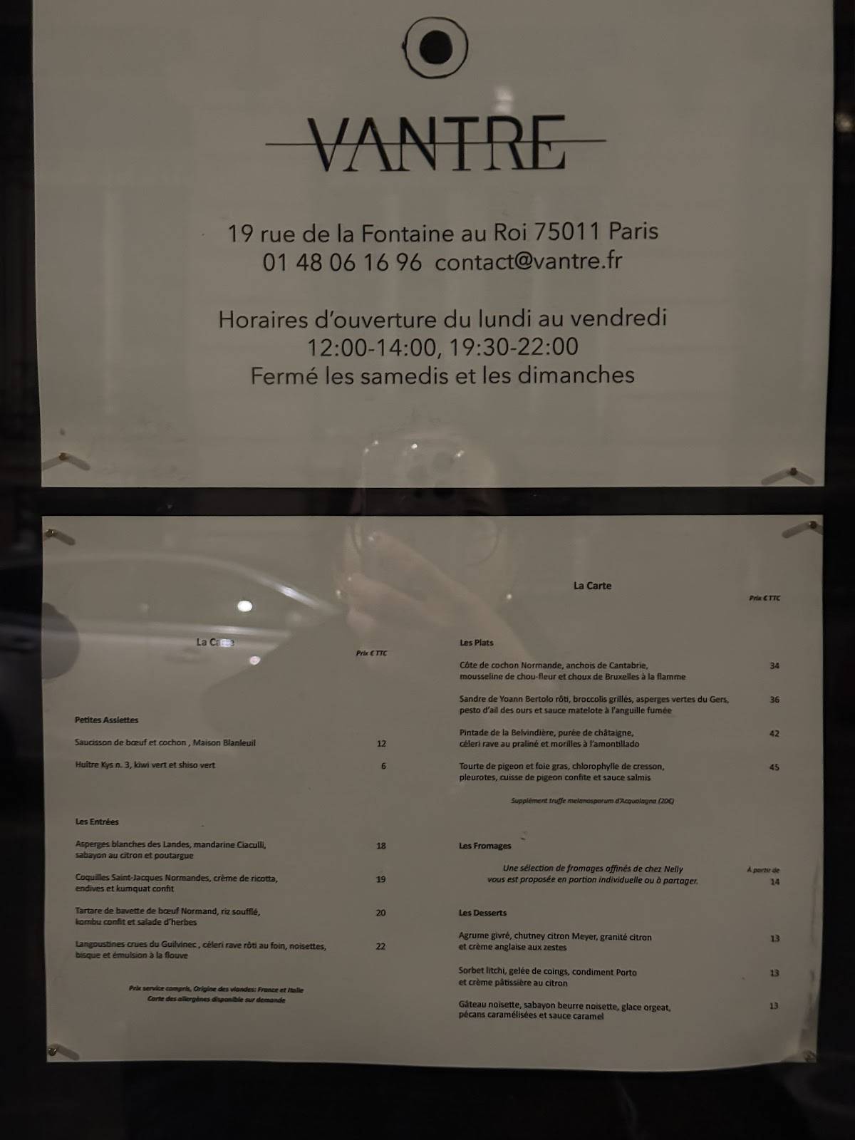 Menu at Vantre restaurant, Paris