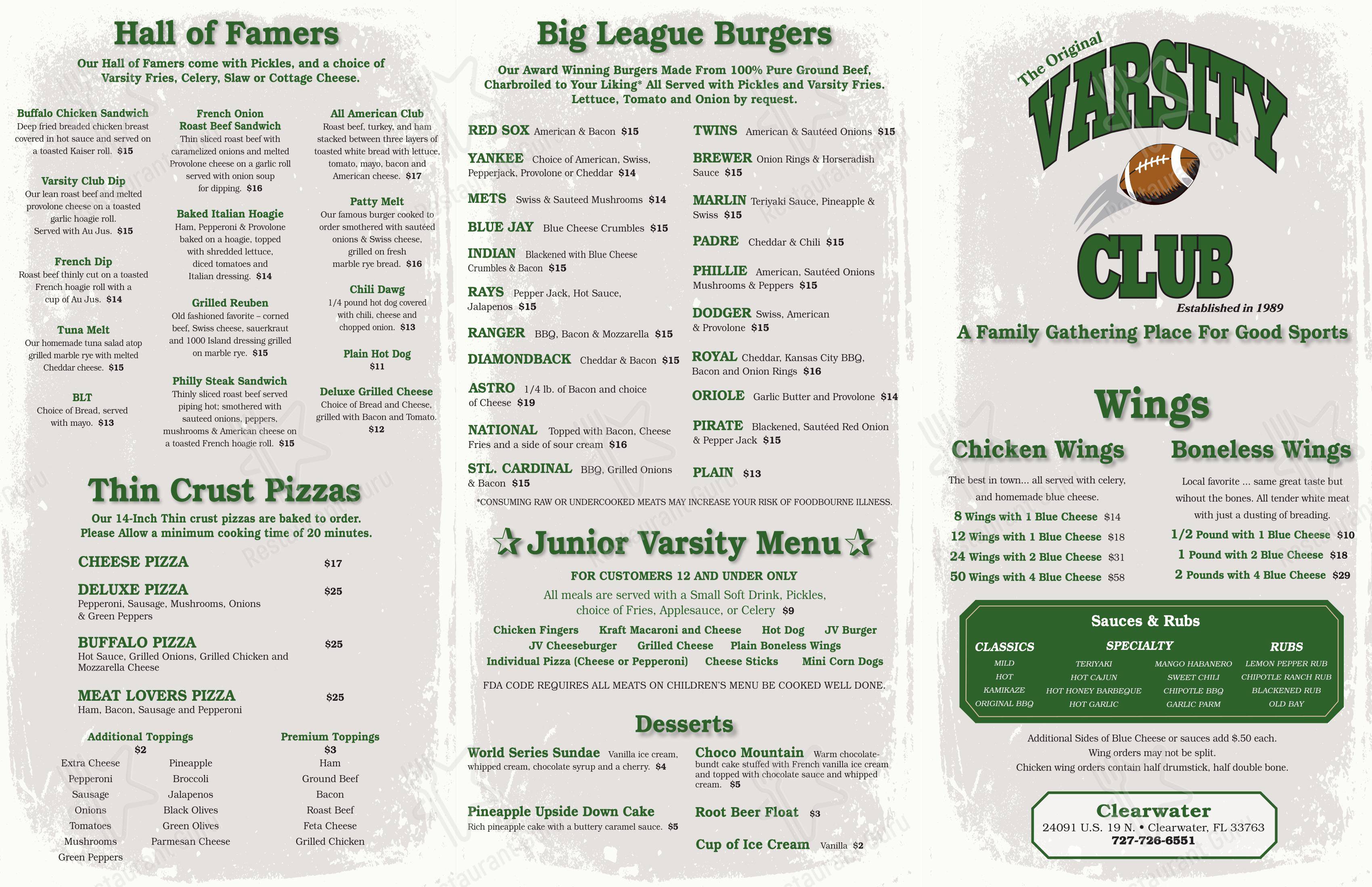 Menu at Varsity Club Sports Bar and Grille, Clearwater