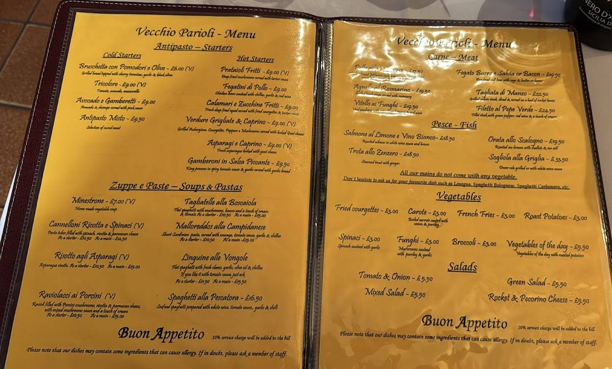 Menu at Vecchio Parioli restaurant, London
