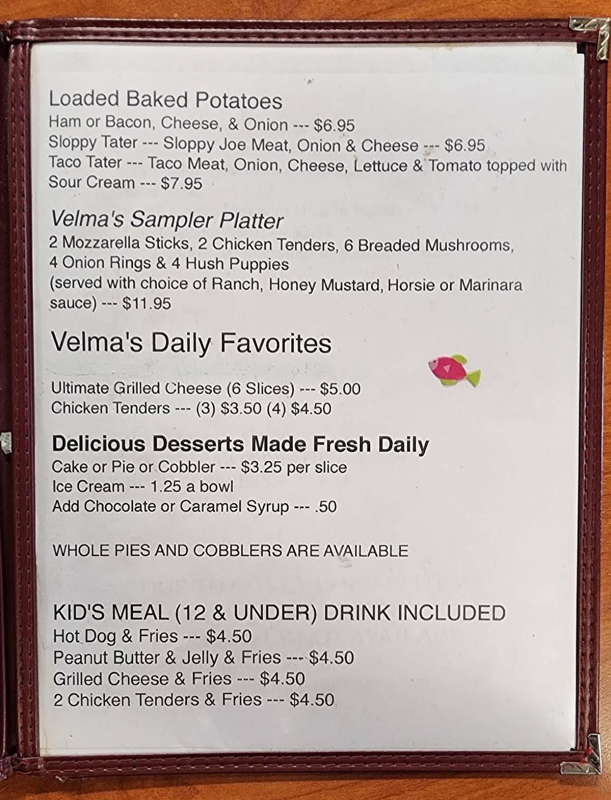 Menu at Velma's Diner restaurant, Shoals
