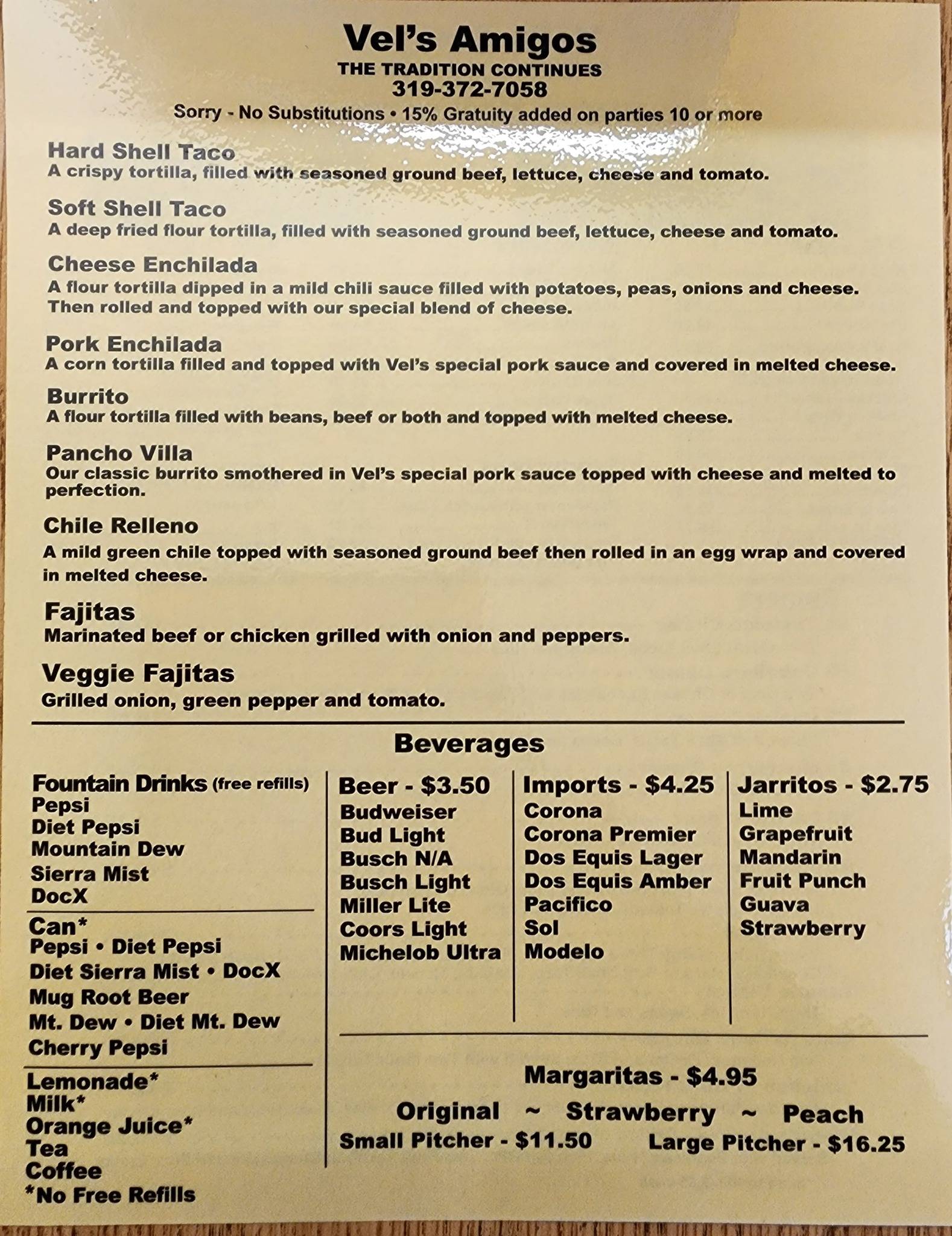 Menu at Vel's Amigos Continued restaurant, Fort Madison, 37th St #3315