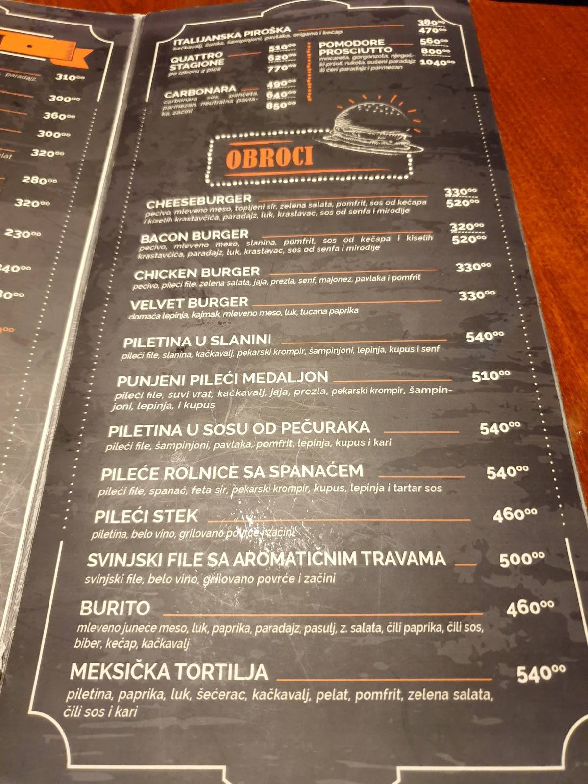 Menu at Velvet restaurant, Čačak, Karađorđeva 15