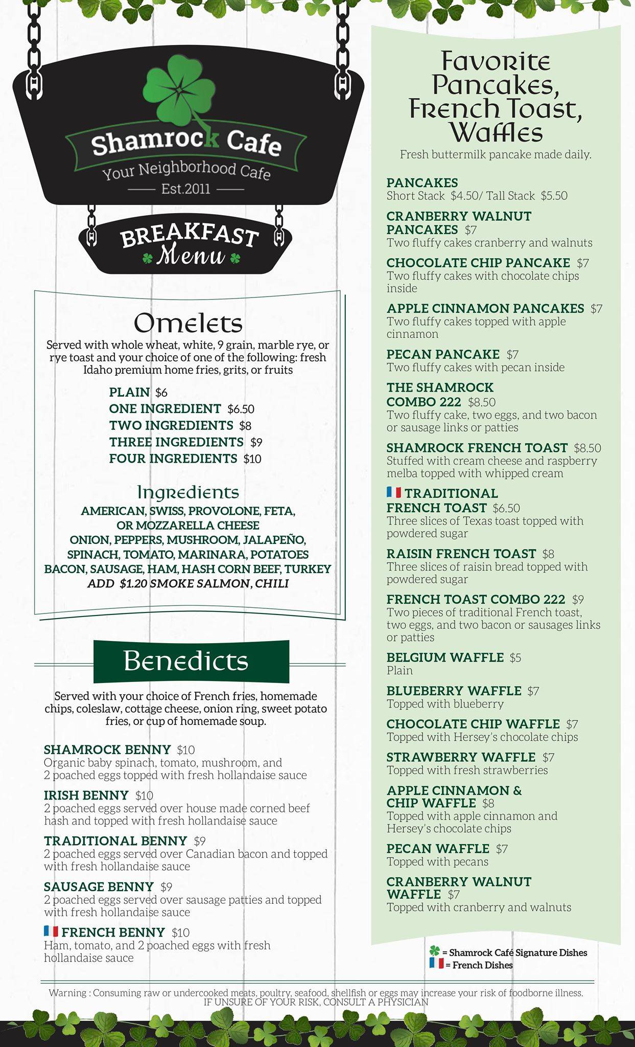 Menu at Shamrock Cafe, Venice